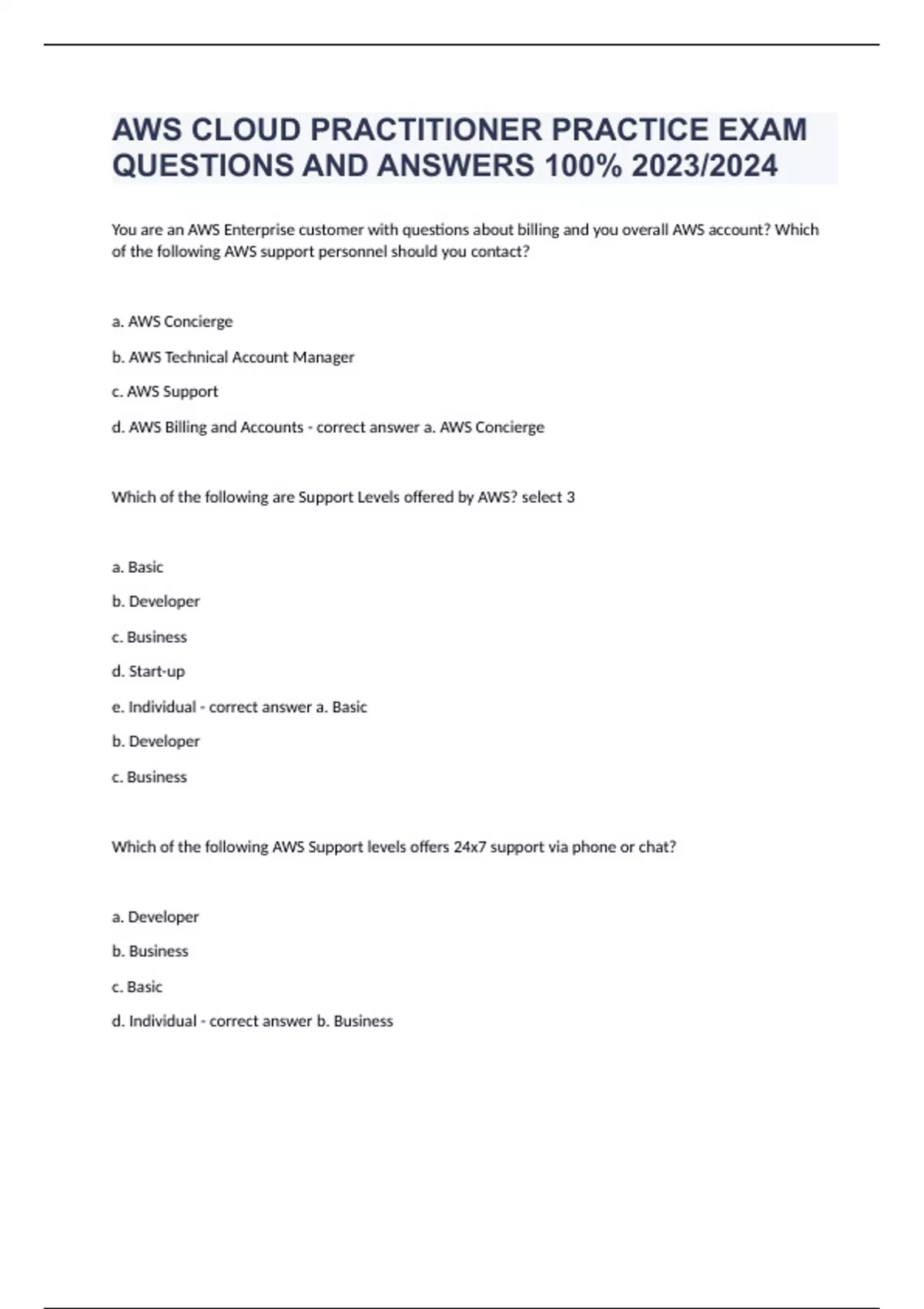 AWS CLOUD PRACTITIONER PRACTICE EXAM QUESTIONS AND ANSWERS 100% 2023/2024 - AWS Certified Cloud ...