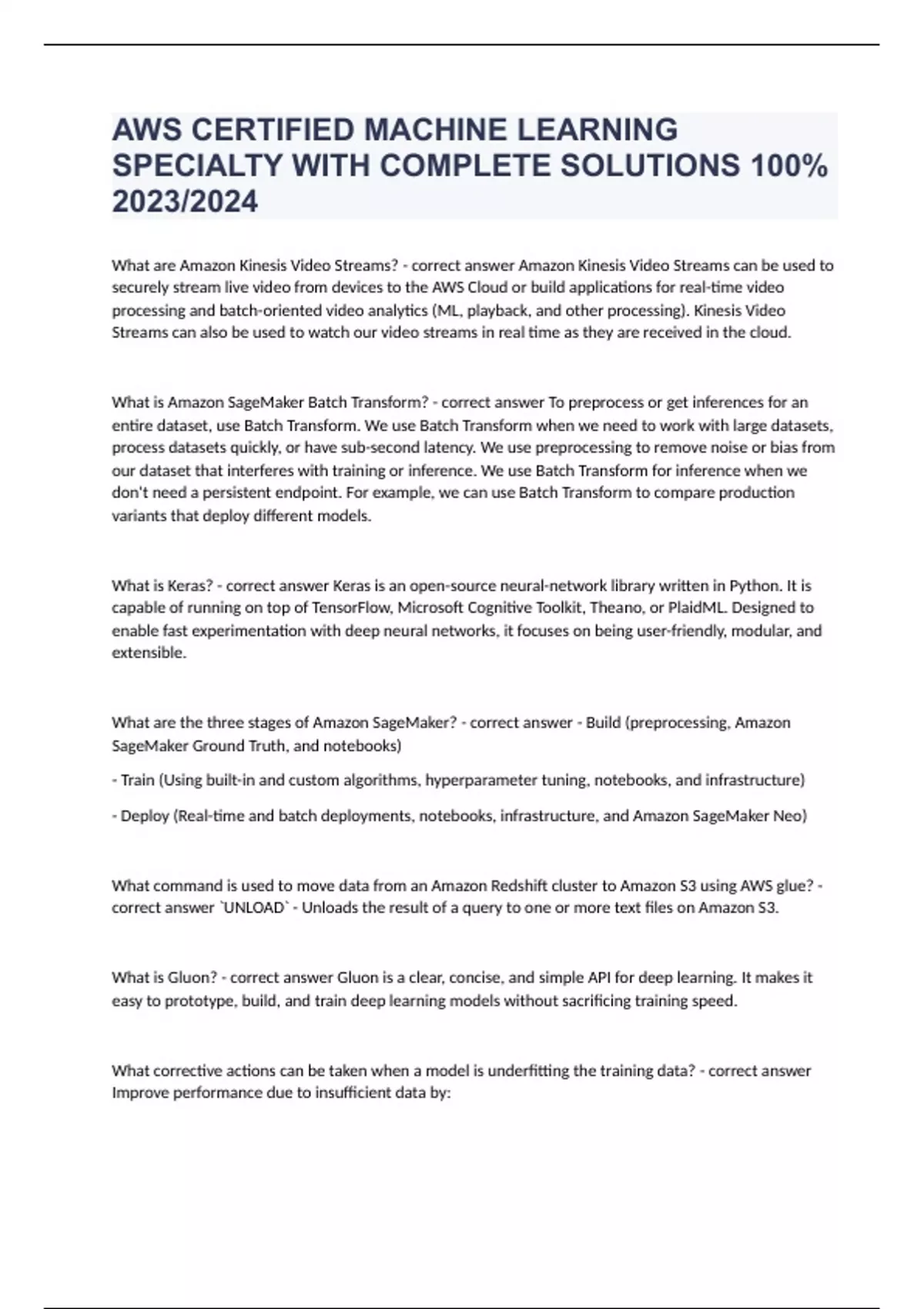 AWS CERTIFIED MACHINE LEARNING SPECIALTY WITH COMPLETE SOLUTIONS 100% ...