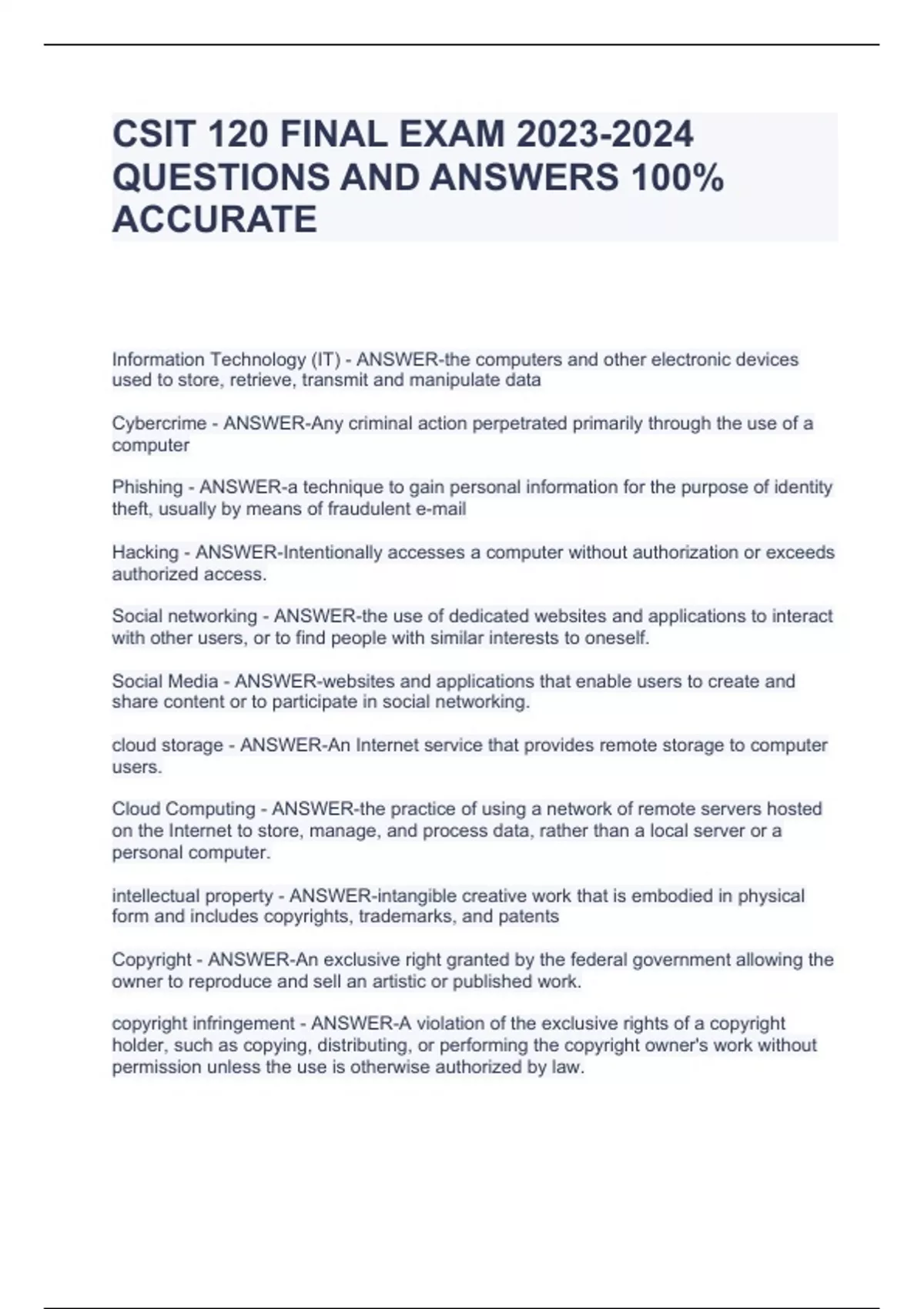 CSIT 120 FINAL EXAM QUESTIONS AND ANSWERS 100% ACCURATE - CSIT 120 ...