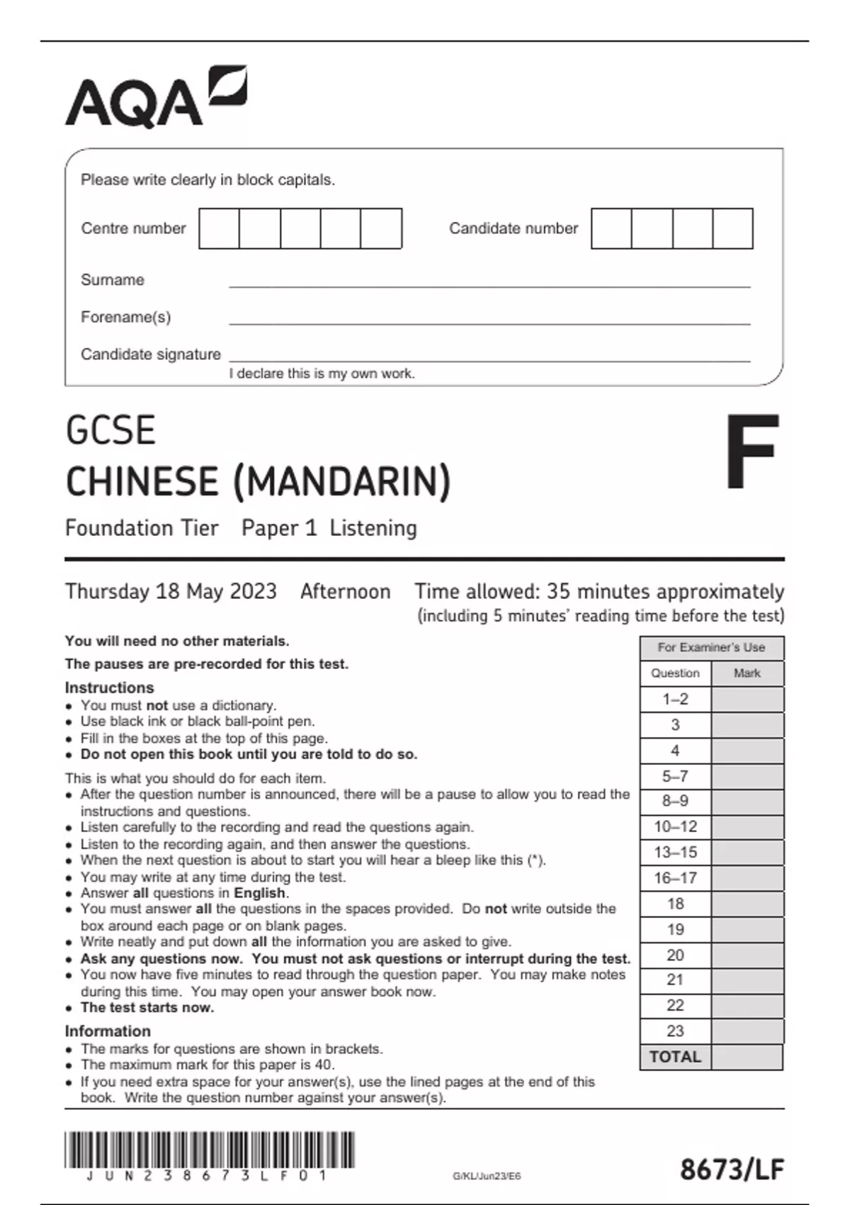 AQA GCSE CHINESE (MANDARIN) PAPER 1 QUESTION PAPER 2023 (8673/LF ...