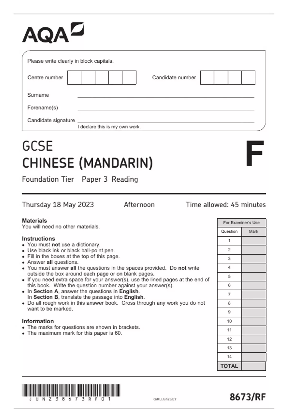 AQA GCSE CHINESE (MANDARIN) PAPER 3 QUESTION PAPER 2023 (8673/RF ...