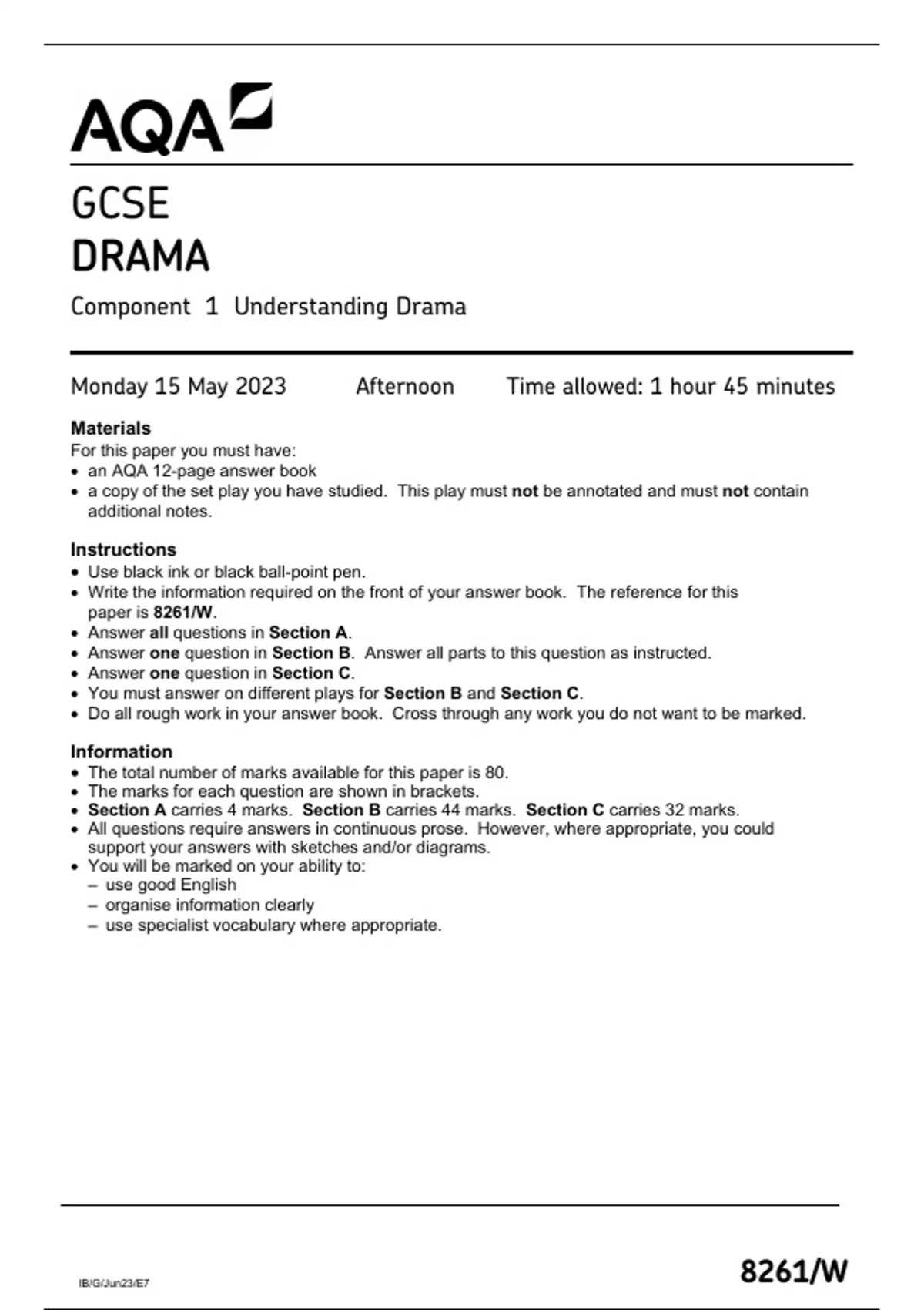 AQA GCSE DRAMA PAPER 1 QUESTION PAPER 2023 (8261-W :Component 1 ...
