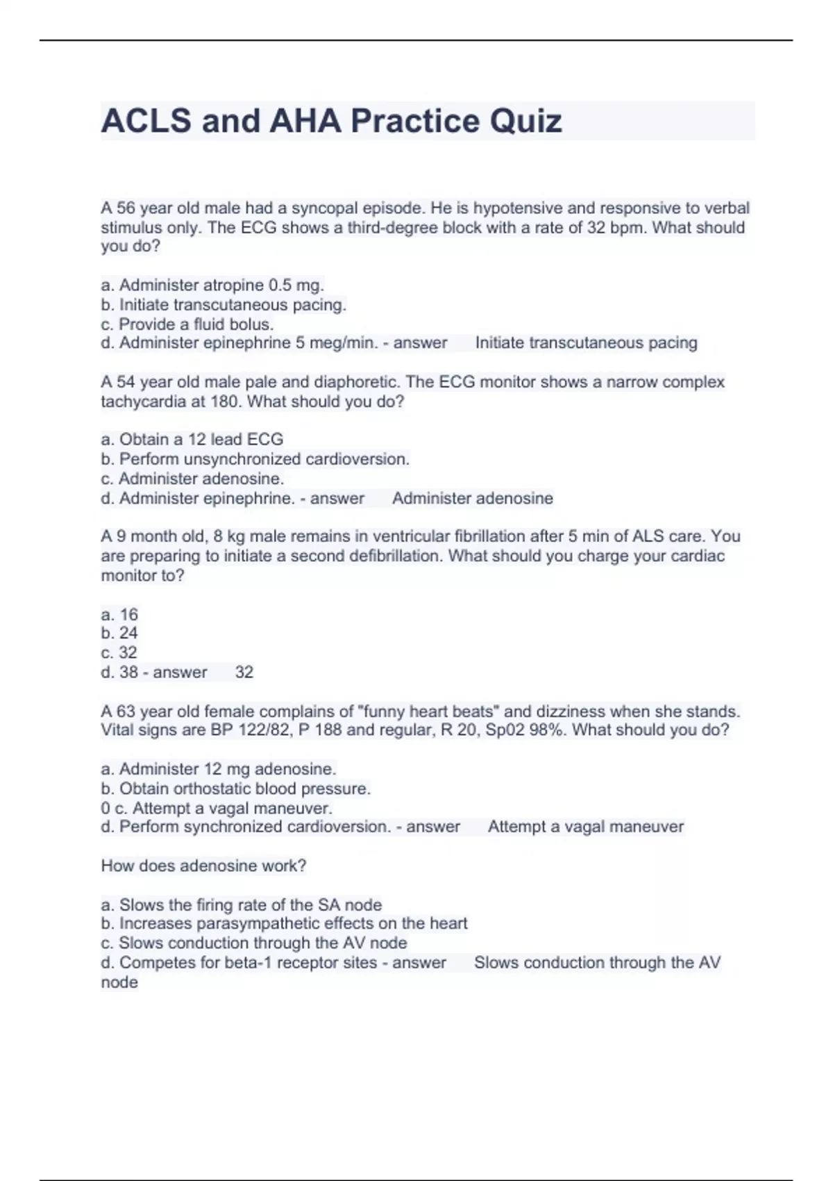 ACLS and AHA Practice Quiz Questions and Answers 2023 verified - AHA ...