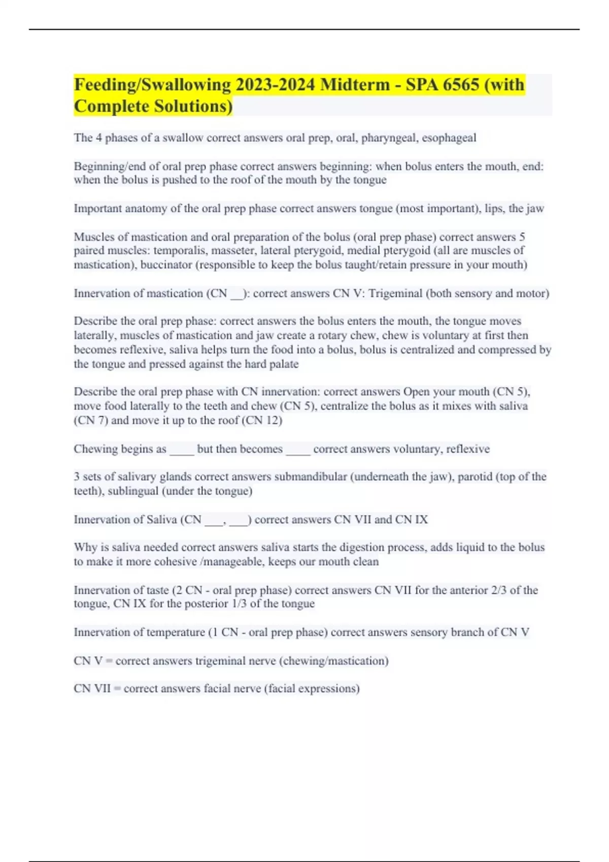 Feeding/Swallowing Midterm - SPA 6565 (with Complete Solutions ...