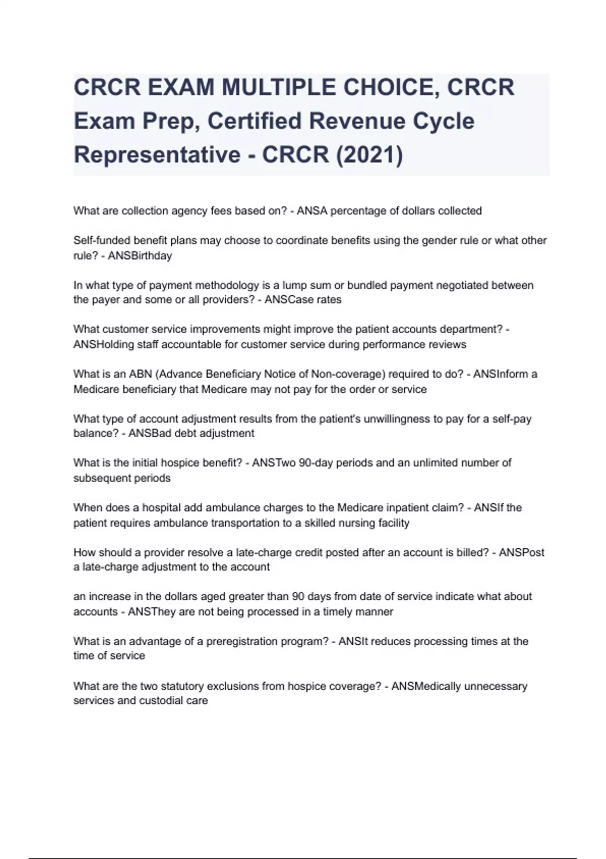 CRCR EXAM MULTIPLE CHOICE, CRCR Exam Prep, Certified Revenue Cycle ...