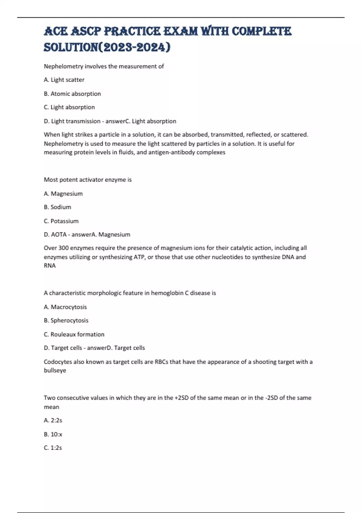 Ace ASCP Practice Exam With Complete Solution() - Ace ASCP - Stuvia US