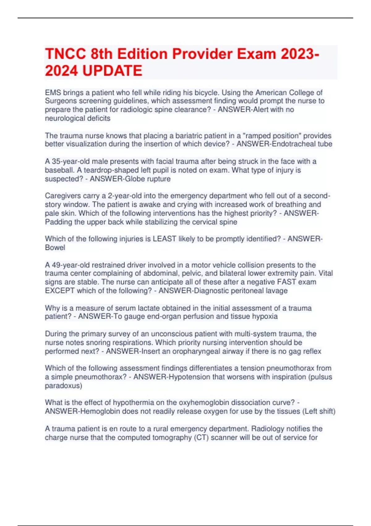 TNCC 8th Edition Provider Exam UPDATE - TNCC 8th Edition Provider E ...