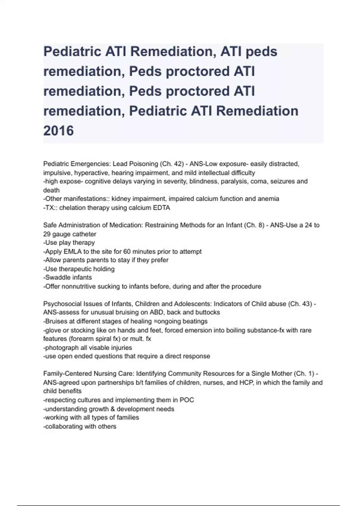 Pediatric ATI Remediation, ATI peds remediation, Peds proctored ATI ...