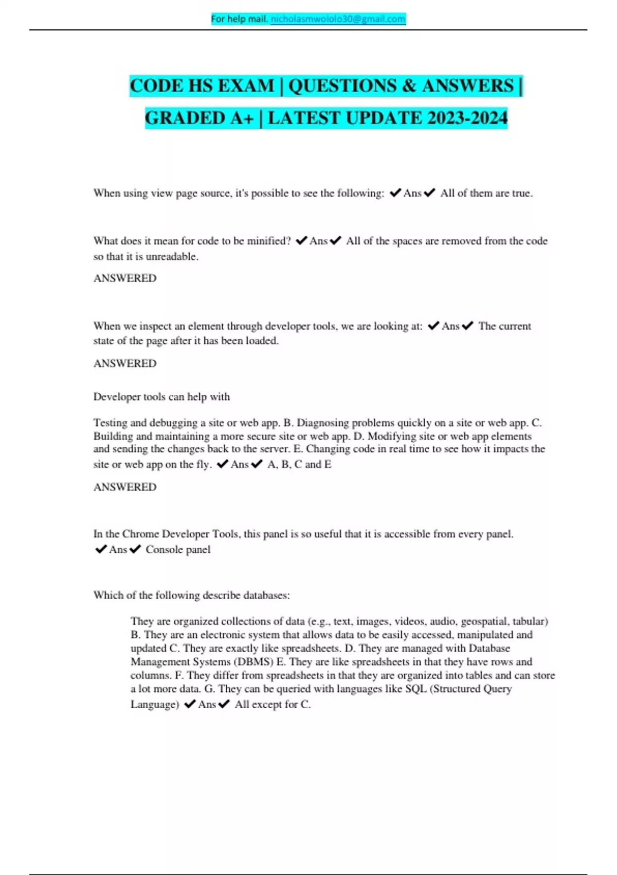 CODE HS EXAM | QUESTIONS & ANSWERS | GRADED A+ | LATEST UPDATE - CODE ...