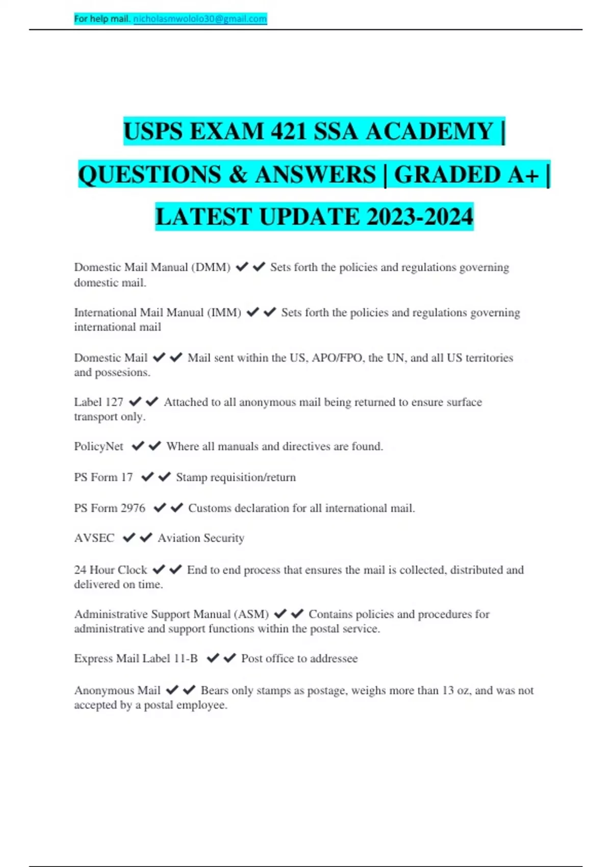 USPS Exam 421 – SSA Academy | Questions and Answers | Graded A+ ...