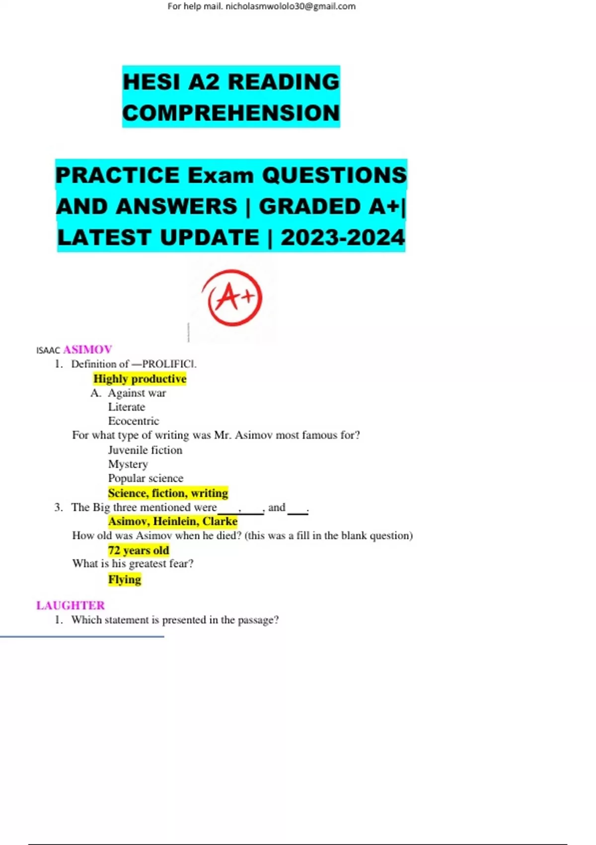 HESI A2 READING COMPREHENSION PRACTICE Exam QUESTIONS AND ANSWERS ...