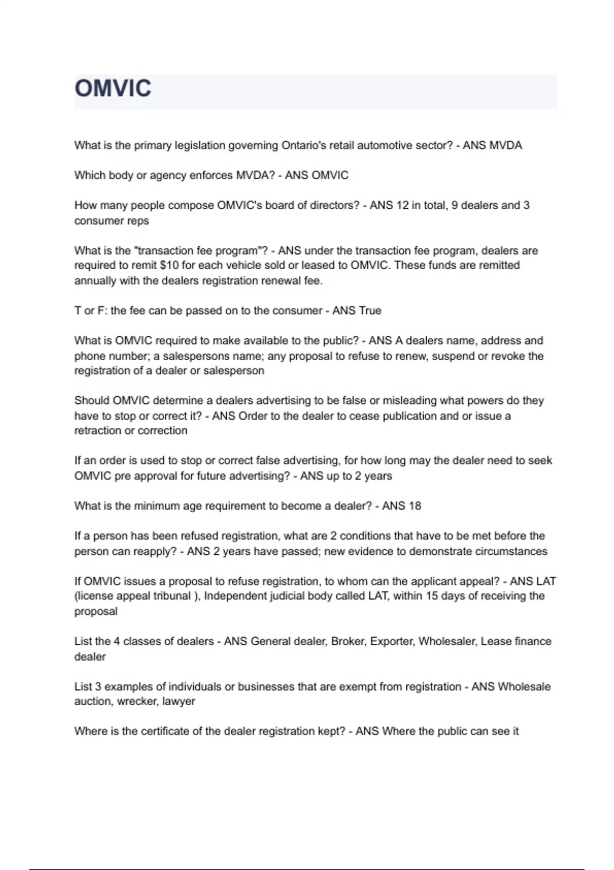 OMVIC Chapter 1-18 FINAL EXAM 2024 QUESTIONS &ANSWERS (A GRADED 100% ...