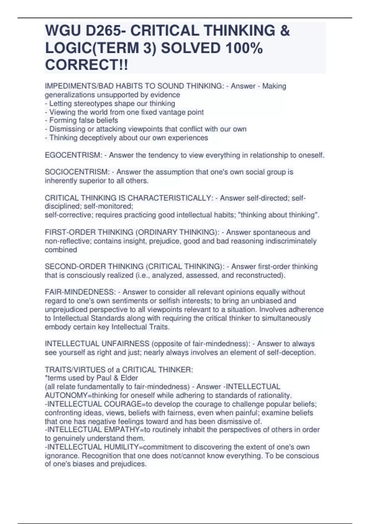 WGU D265- CRITICAL THINKING & LOGIC(TERM 3) SOLVED 100% CORRECT!! - WGU ...