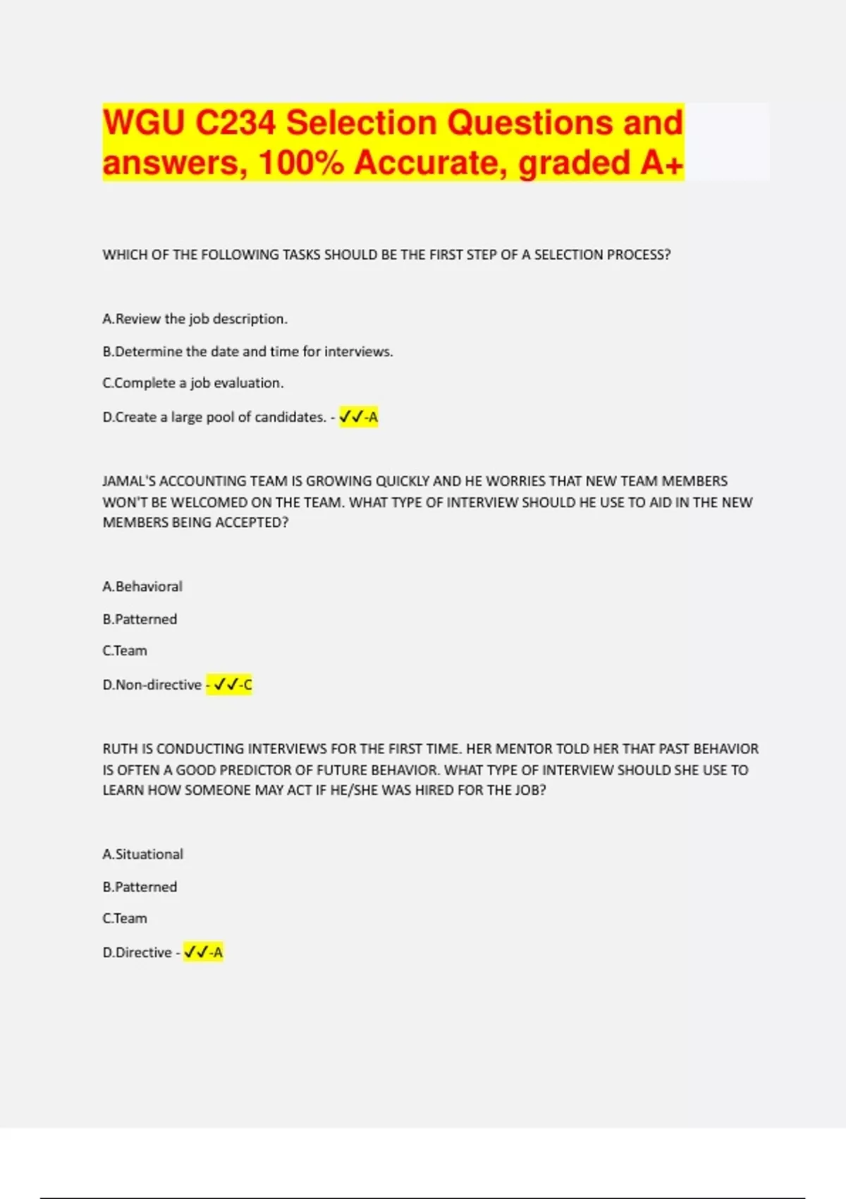 (Top QUALITY 2024/2025 EXAM REVIEW) WGU C234 Selection Questions and ...