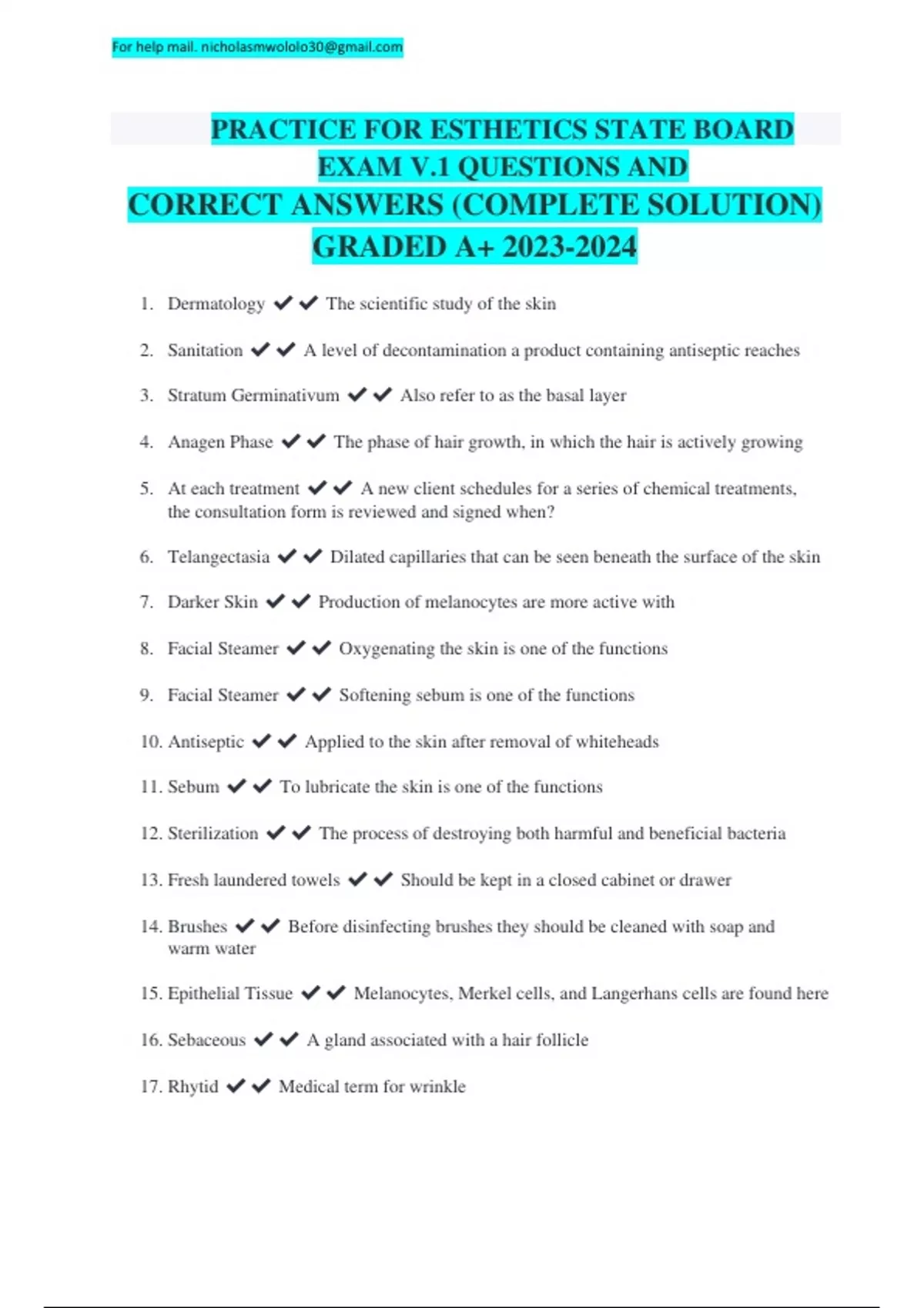 PRACTICE FOR ESTHETICS STATE BOARD EXAM V.1 QUESTIONS AND CORRECT ...
