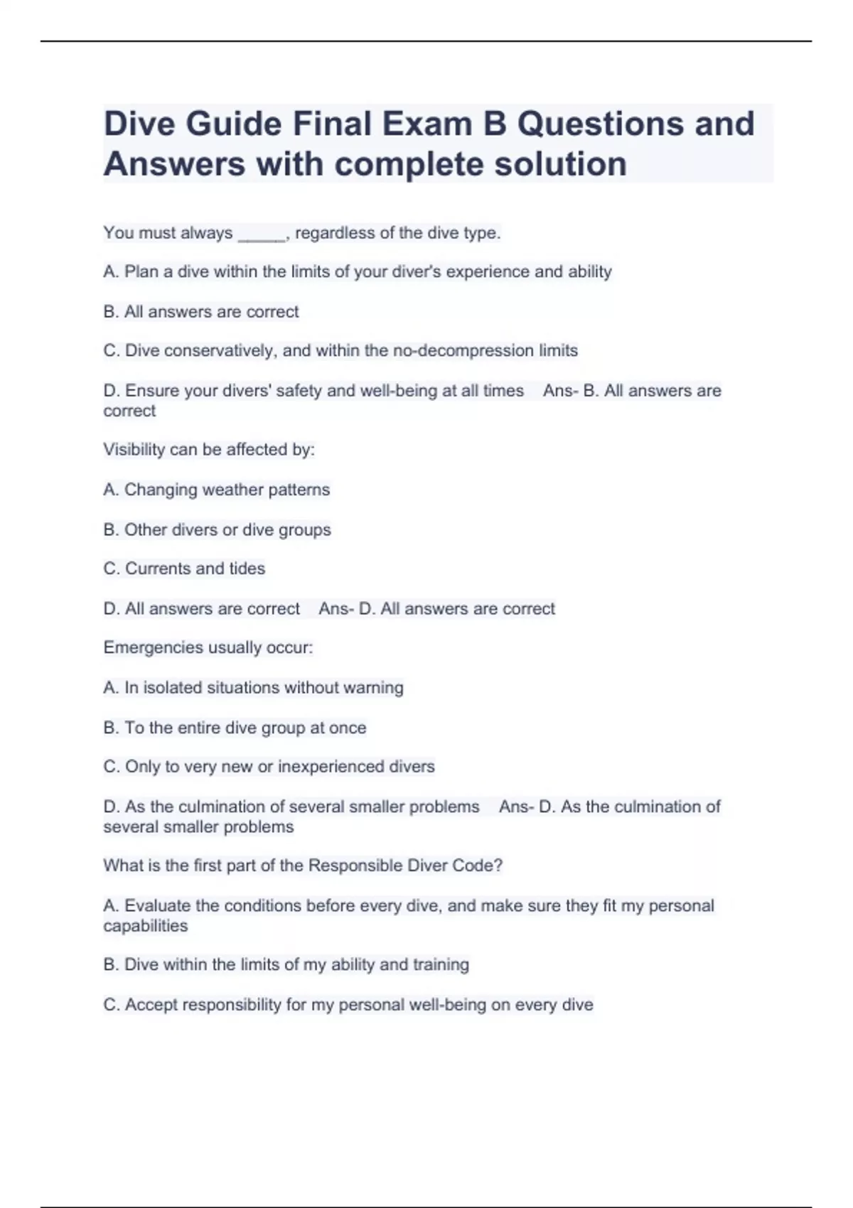 Dive Guide Final Exam B Questions and Answers with complete solution ...