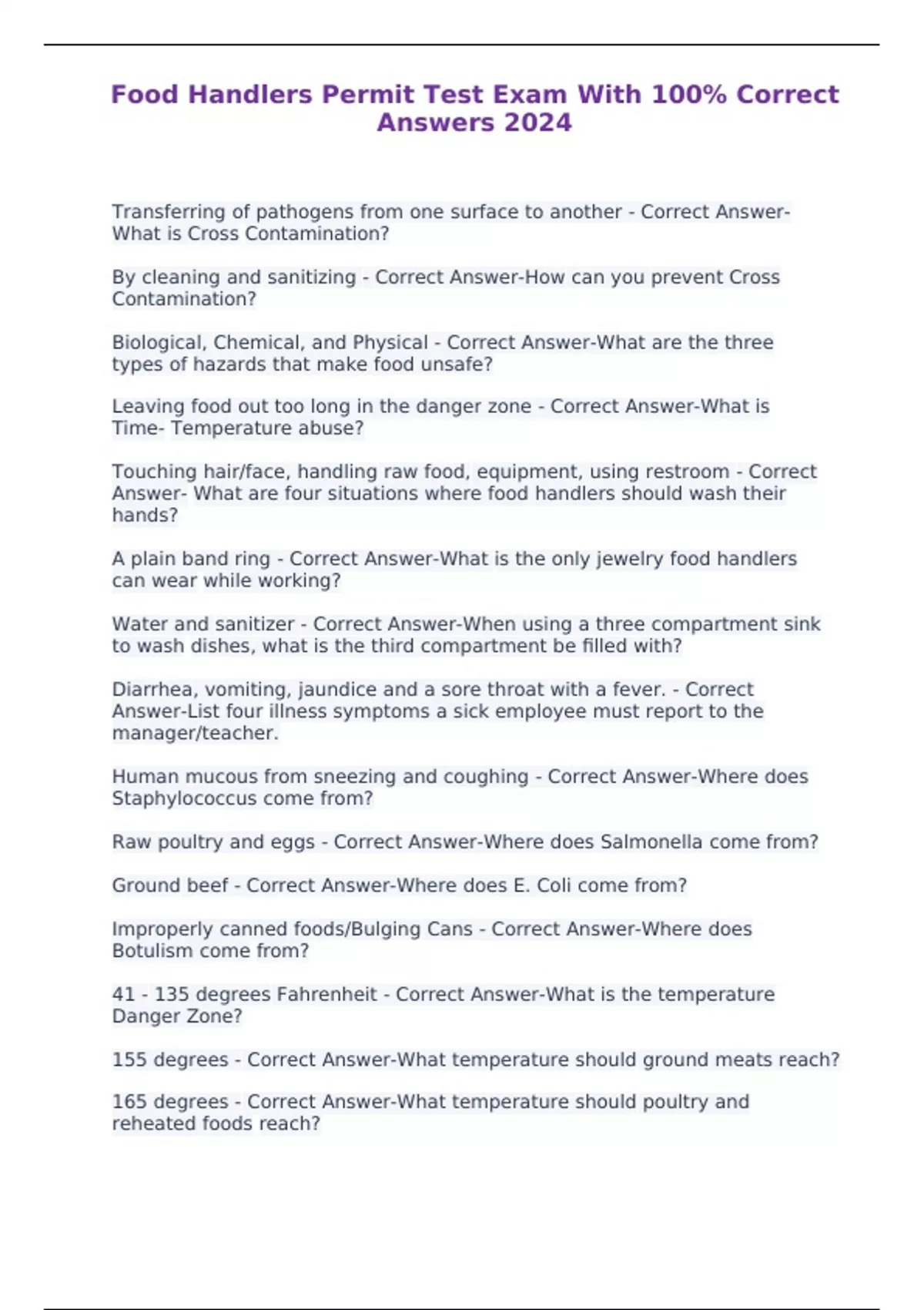 Food Handlers Permit Test Exam With 100% Correct Answers 2024 - Food ...