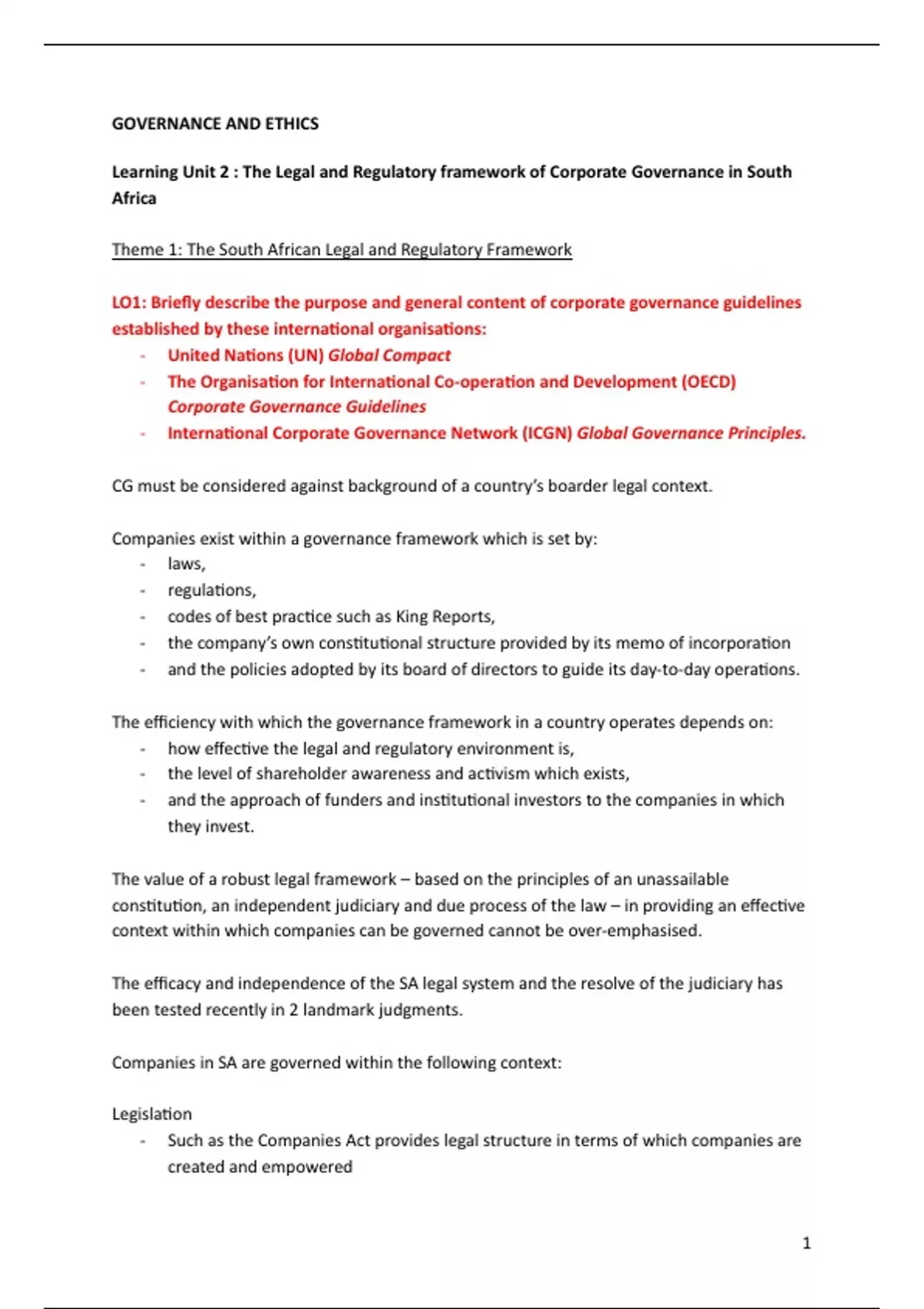 Summary GOVERNANCE AND ETHICS - Learning Unit 2 The Legal and ...