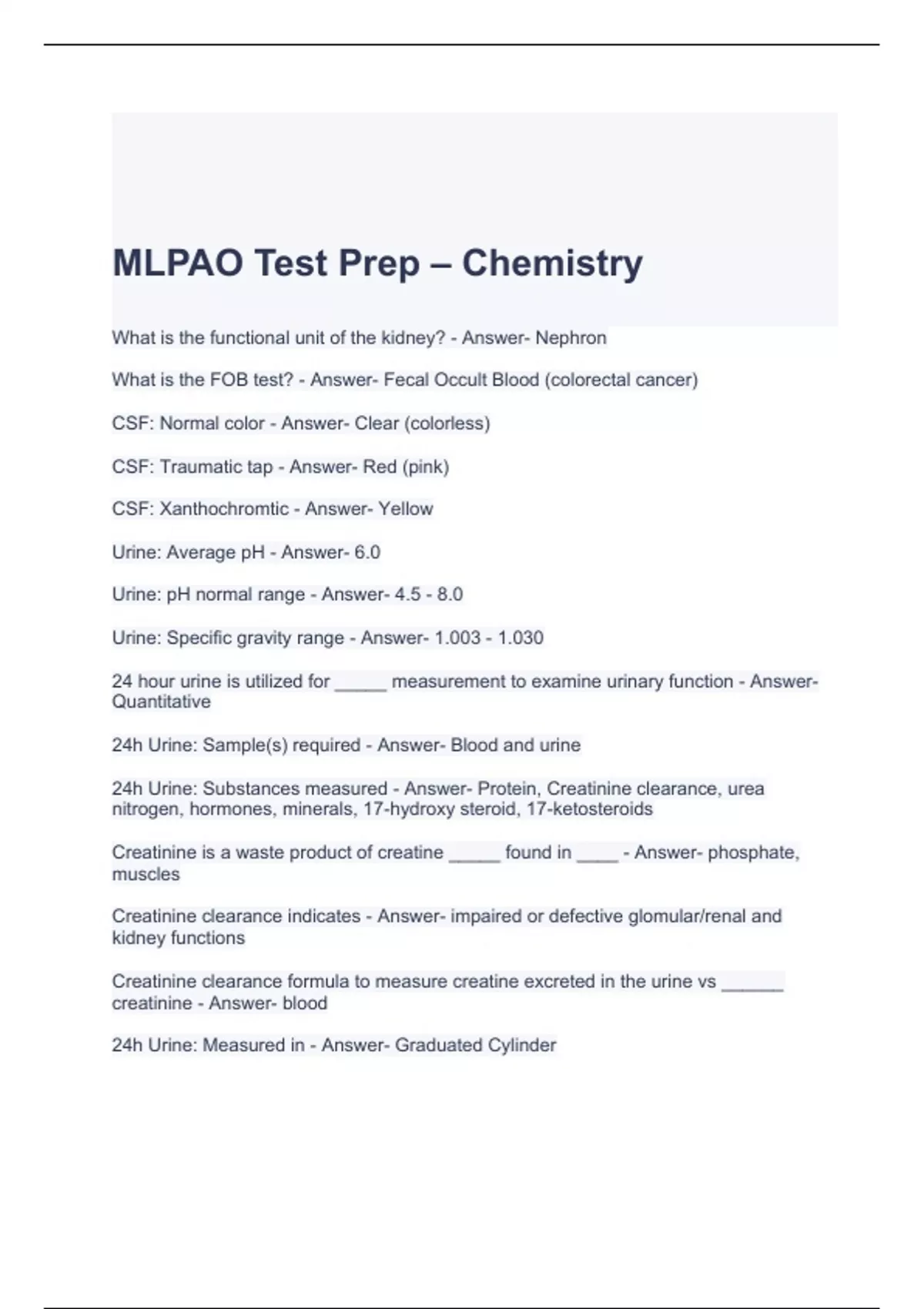 MLPAO Test Prep - Chemistry Questions and Answers 2023 - MLPAO - Stuvia US