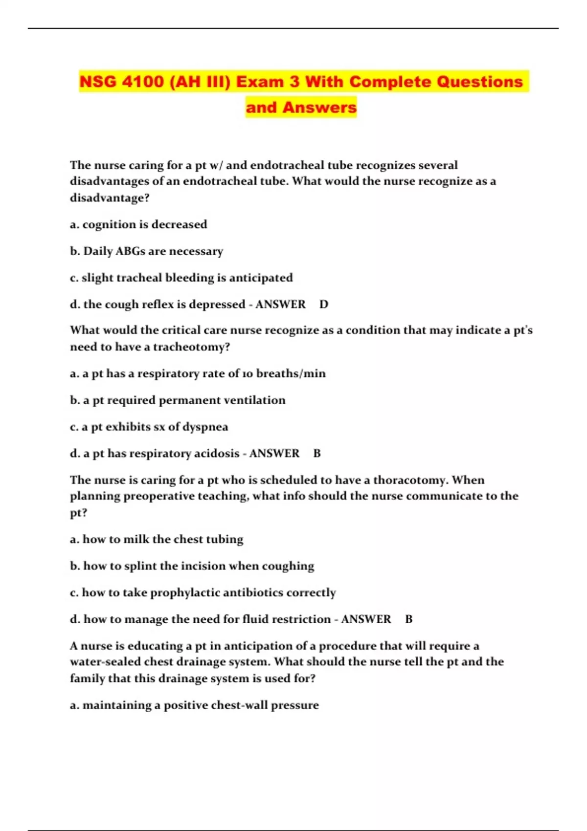 NSG 4100 (AH III) Exam 3 With Complete Questions and Answers - NSG 4100 ...