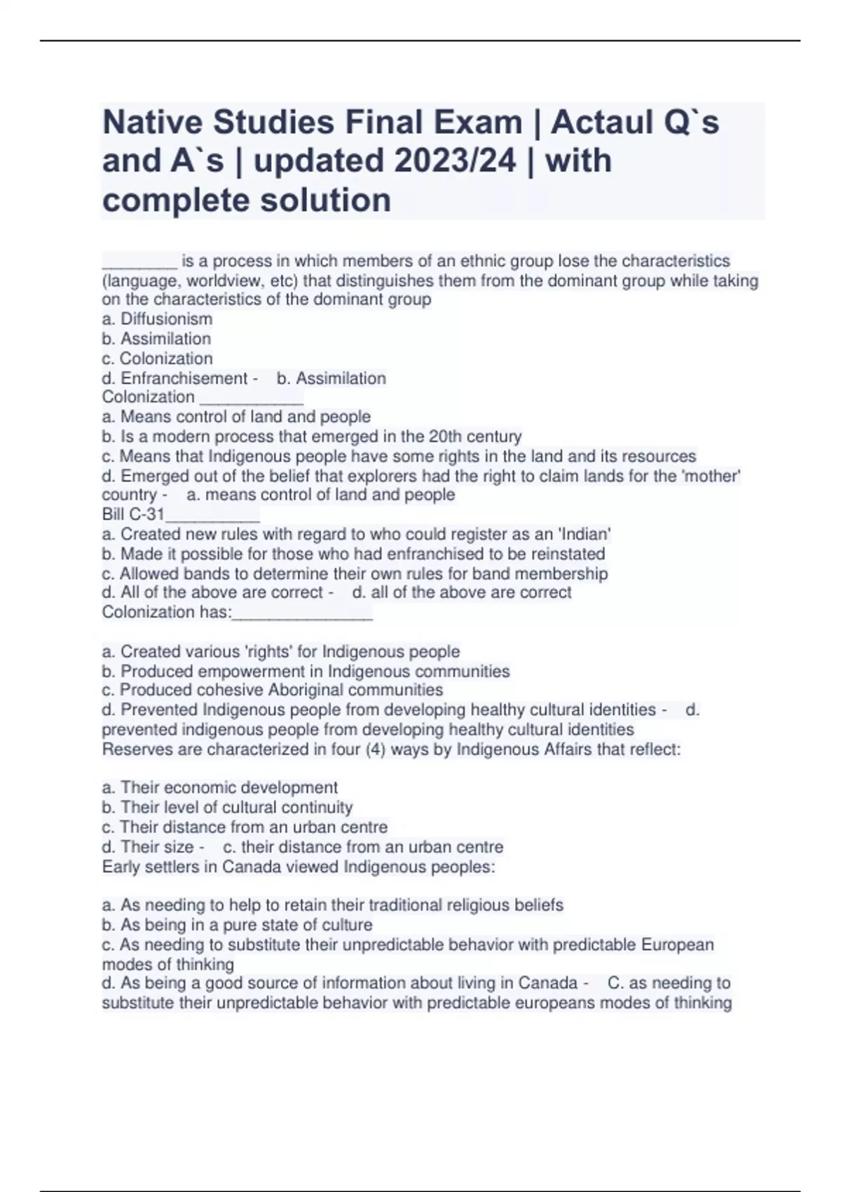 Native Studies Final Exam | Actaul Q`s and A`s | updated 2023/24 | with ...