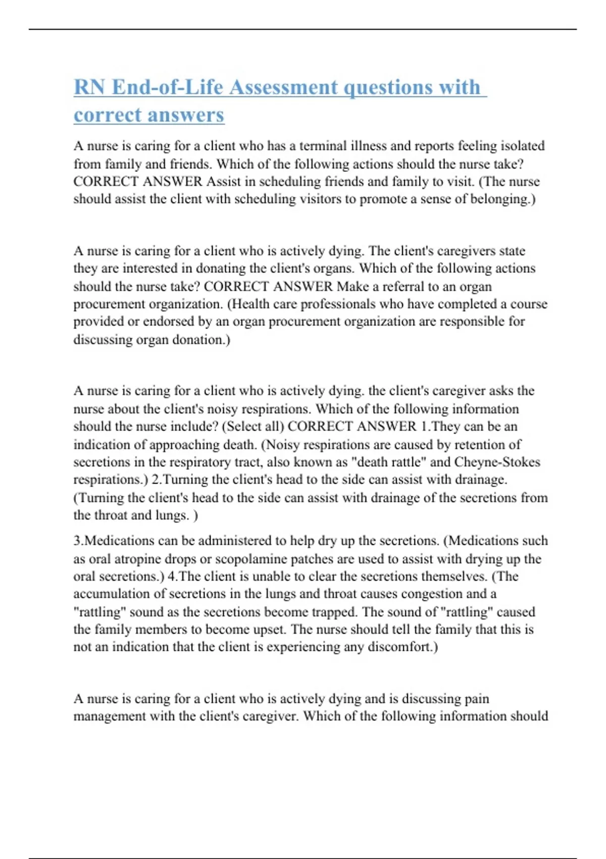 RN End-of-Life Assessment questions with correct answers - RN End-of ...