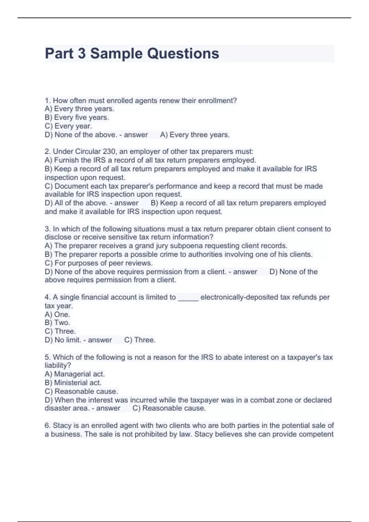 Part 3 Sample Questions with solutions 2023 - Enrolled agent - Stuvia US