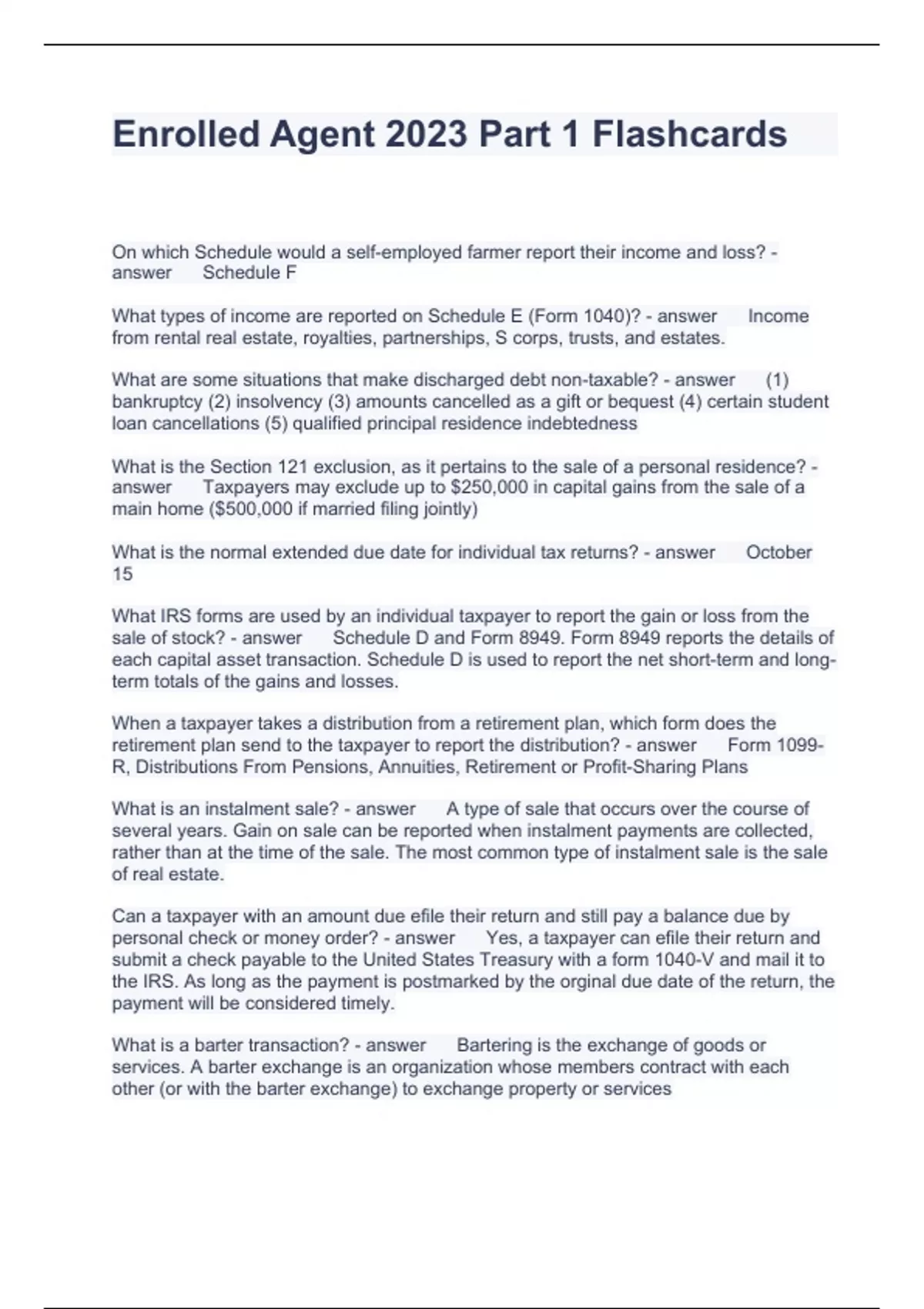 Enrolled Agent 2023 Part 1 Flashcards Questions with rationale 2023 - Enrolled agent - Stuvia US