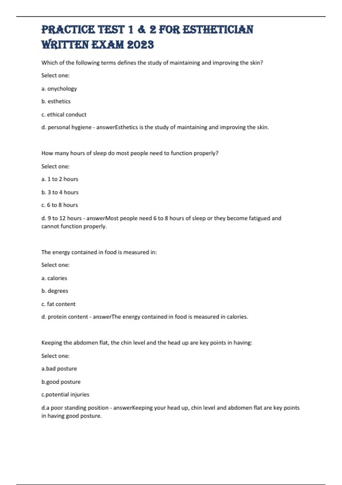 Practice test 1 & 2 for Esthetician Written Exam 2023 - Esthetician ...