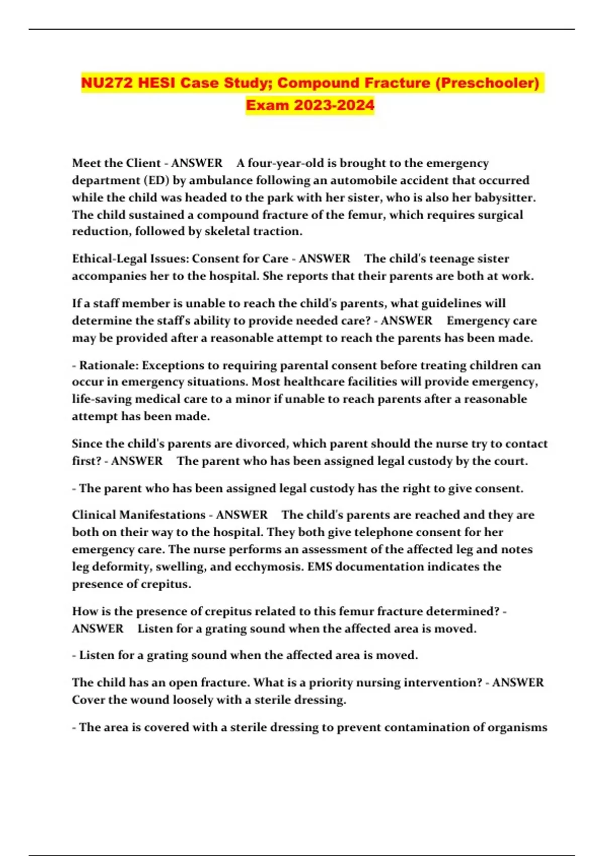 NU272 HESI Case Study; Compound Fracture (Preschooler) Exam - NU272 HESI Case Study; Compound ...