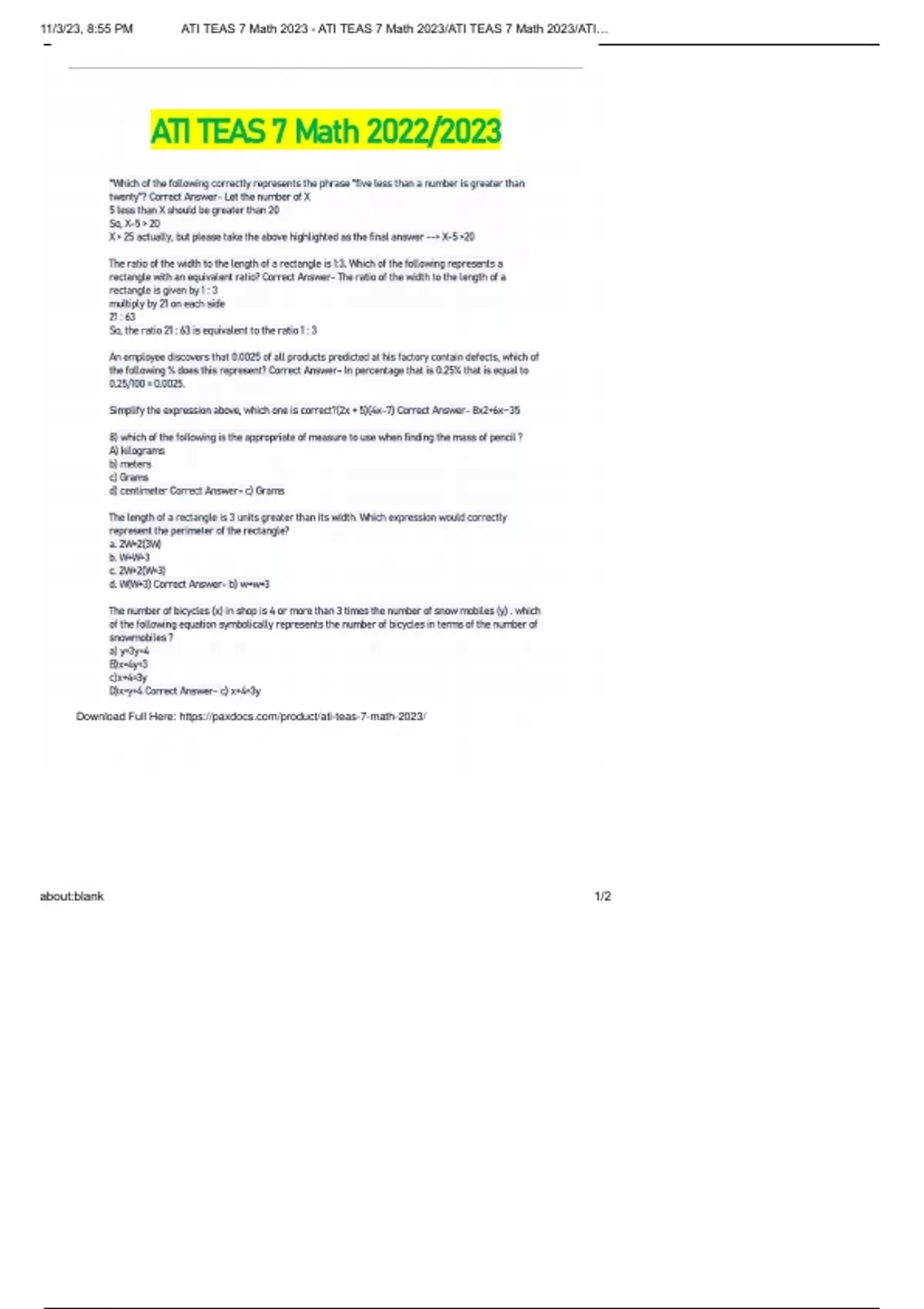ATI TEAS 7 Math 2023 - Fundamentals of Nursing Practice - Stuvia US
