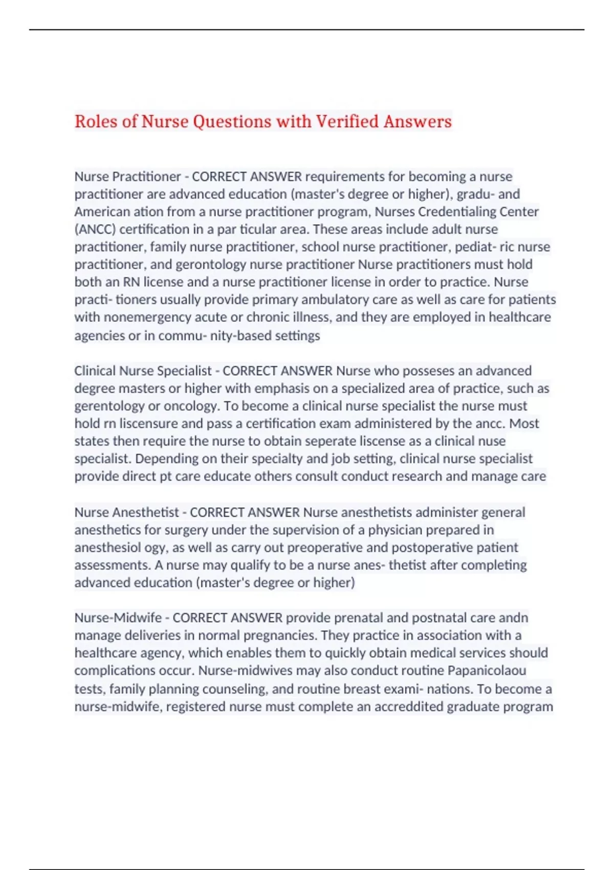 Roles of Nurse Questions with Verified Answers,100% CORRECT - Roles of ...