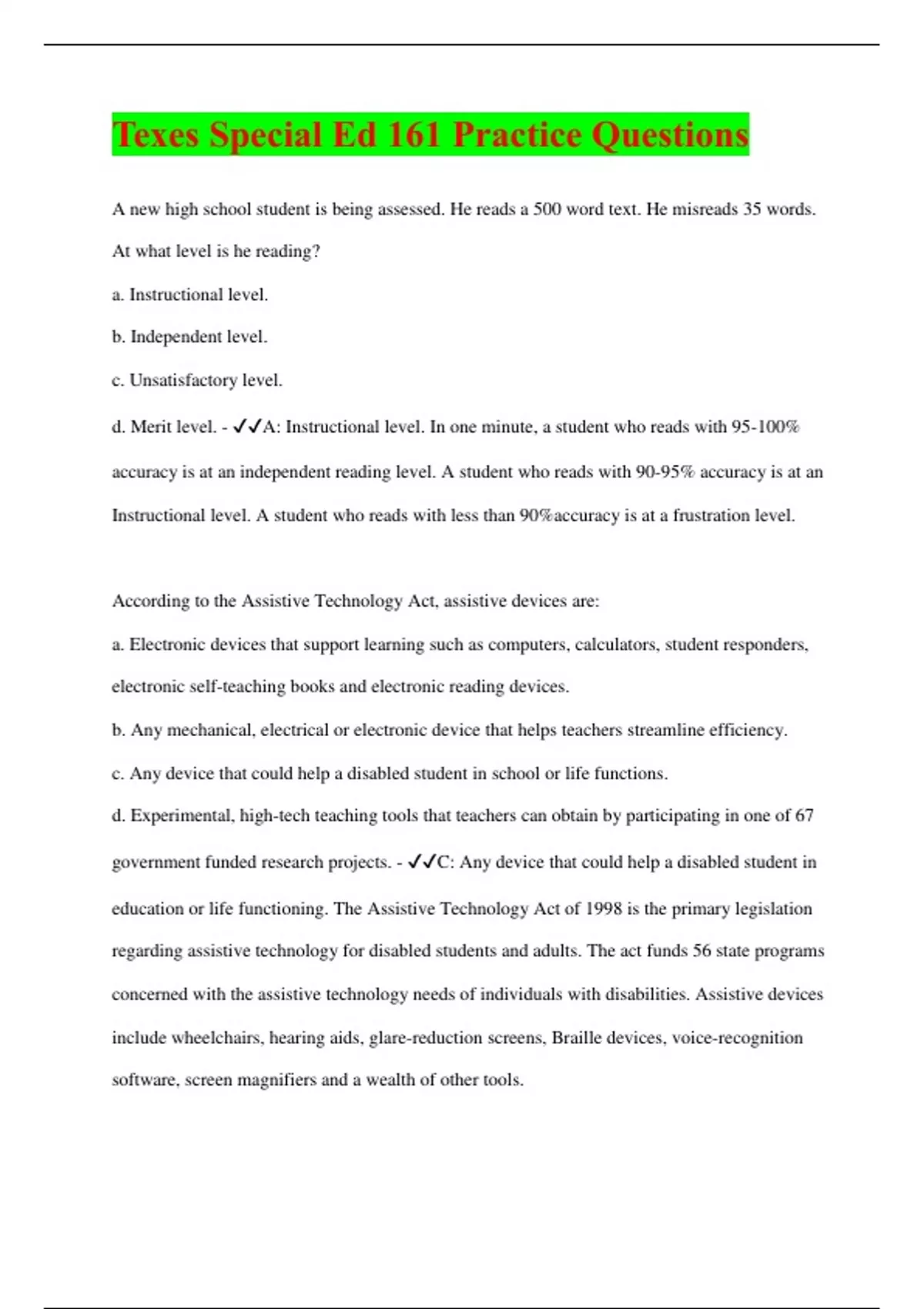 Texas Special Ed 161 Practice Questions with 100% Correct Answers ...