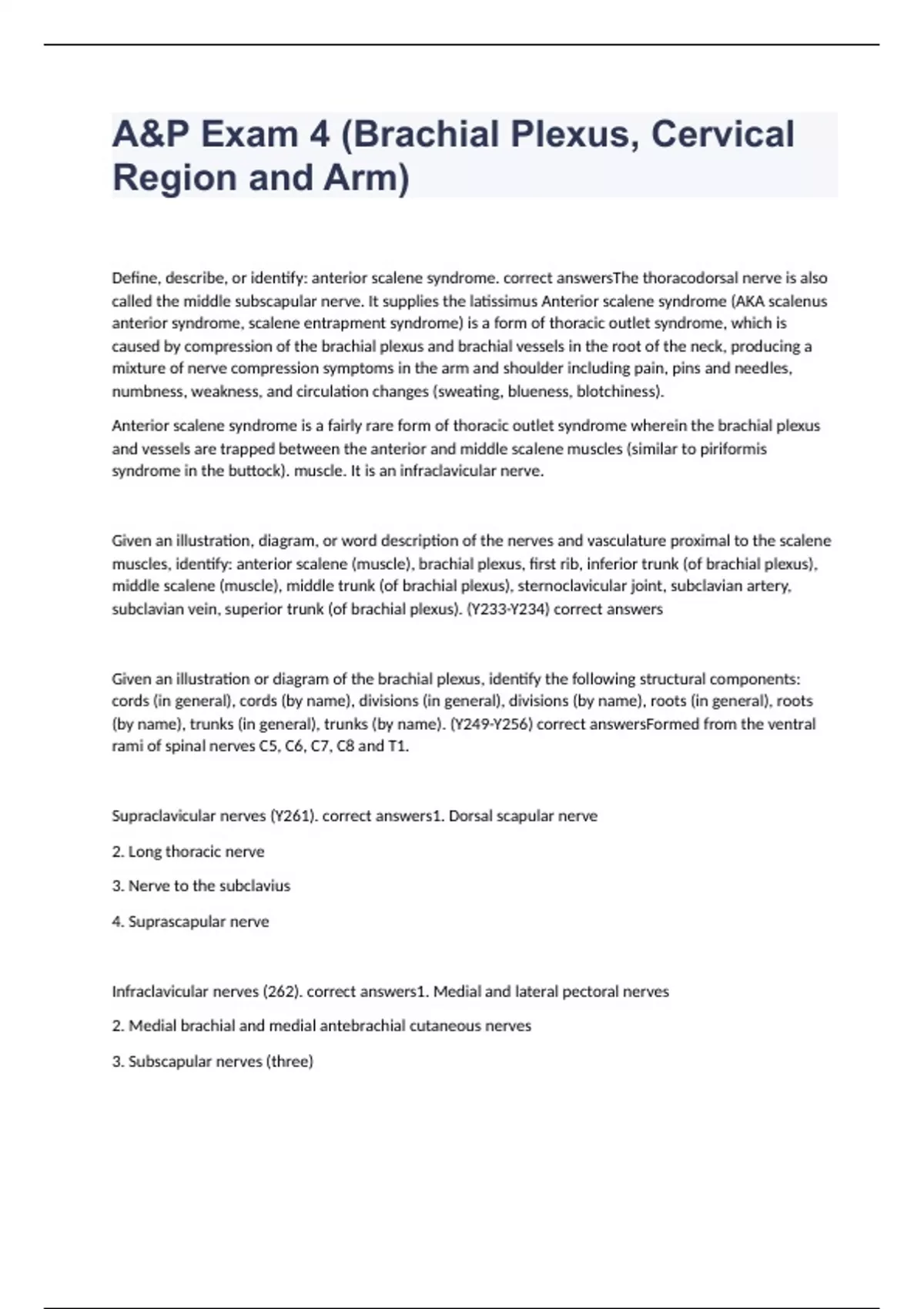 A&P Exam 4 (Brachial Plexus, Cervical Region and Arm) with 100% correct ...