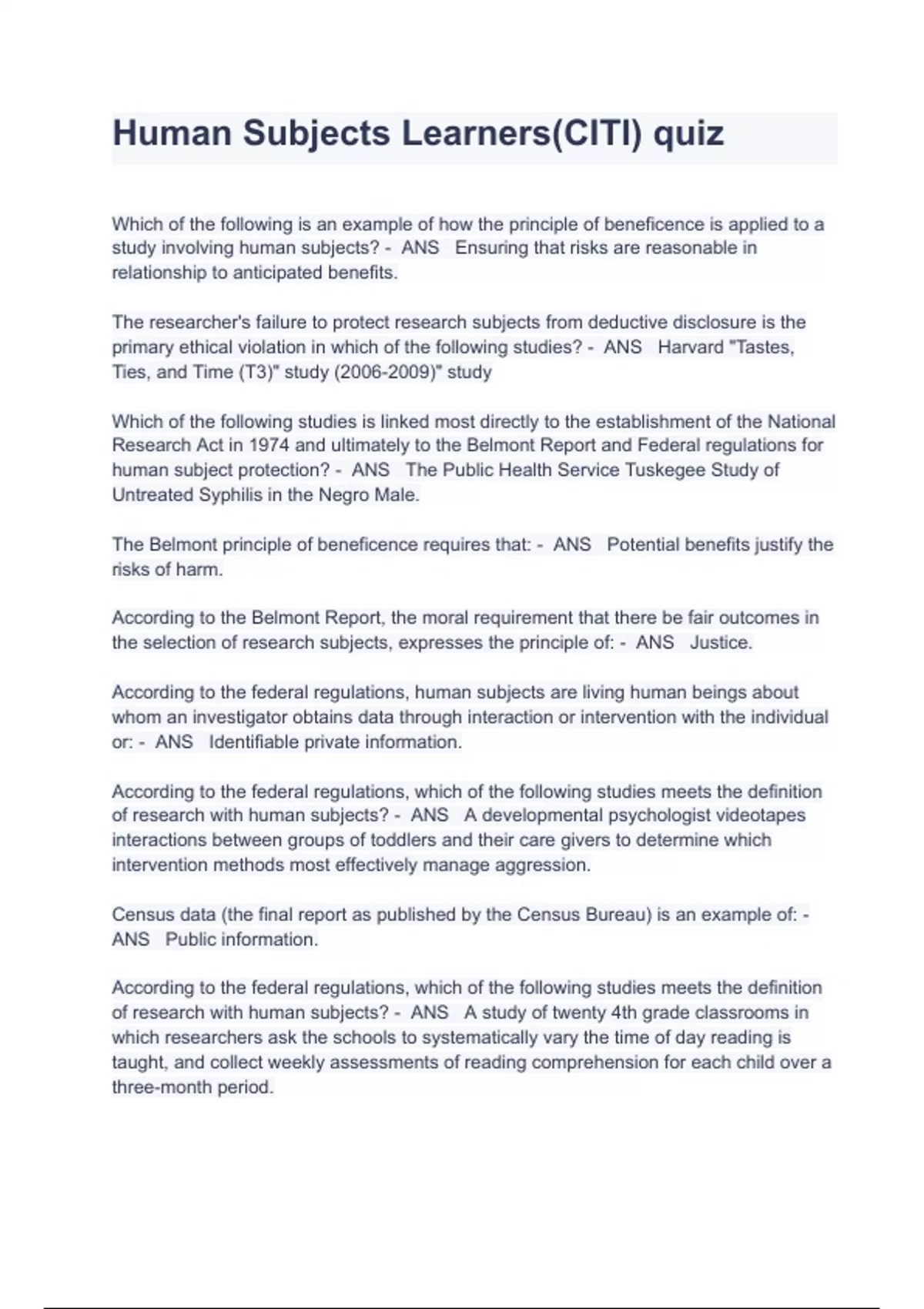 Human Subjects Learners(CITI) quiz With 100% Correct Solutions - CITI Training - Stuvia US