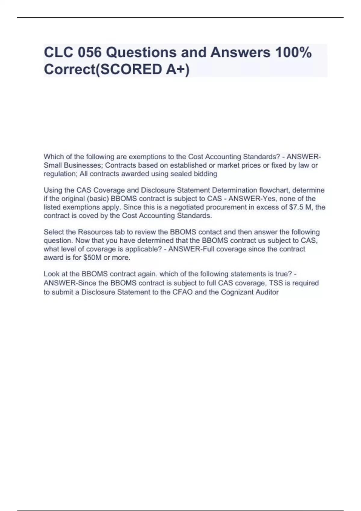 CLC 056 Questions and Answers 100% Correct(SCORED A+) - CLC 056 - Stuvia UK