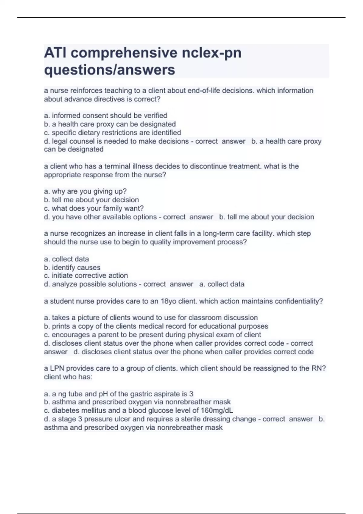 ATI comprehensive nclex Question and answers rated A+ 2023/2024 - ATI ...