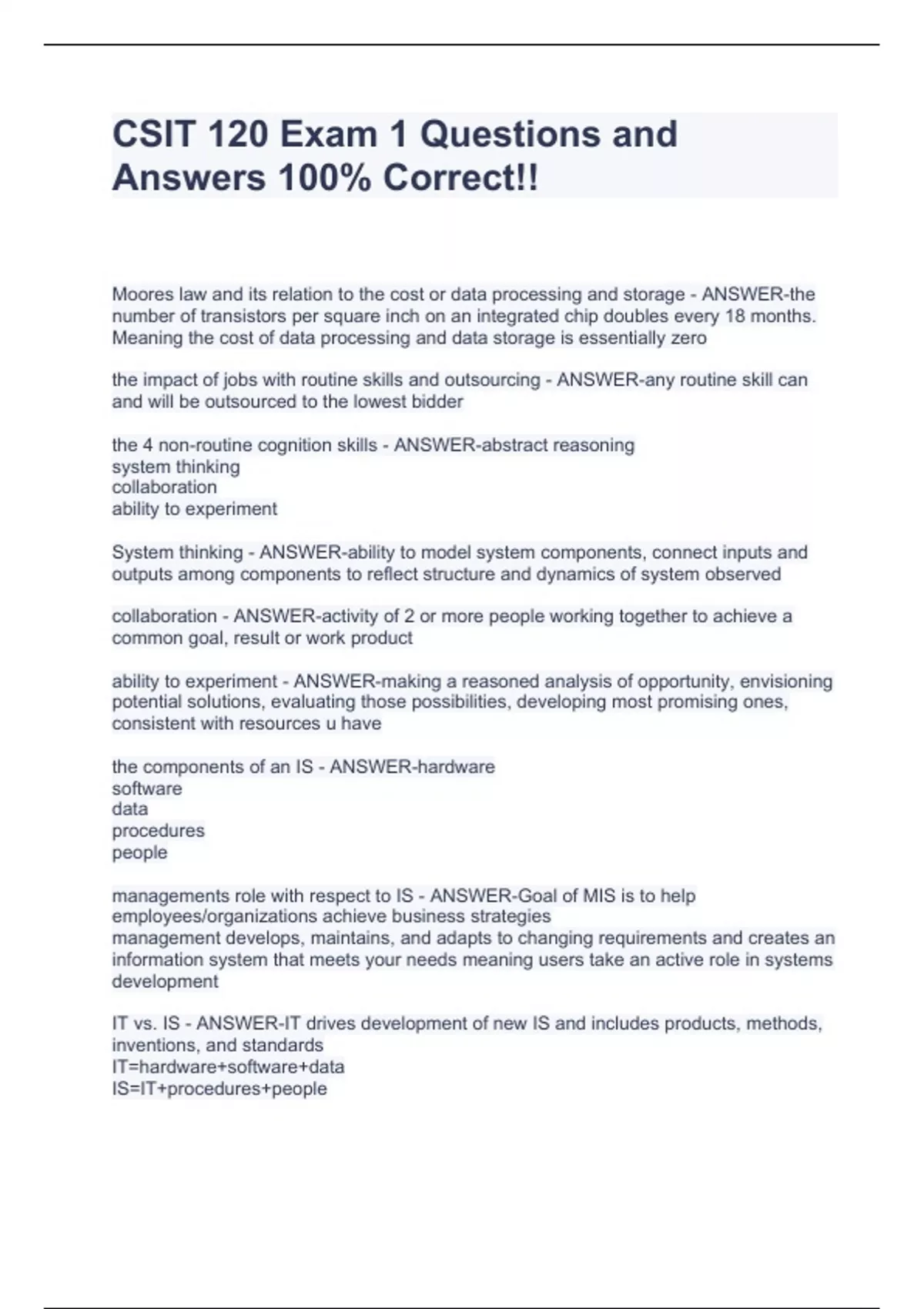 CSIT 120 Exam 1 Questions and Answers 100% Correct!! - CSIT 120 - Stuvia US