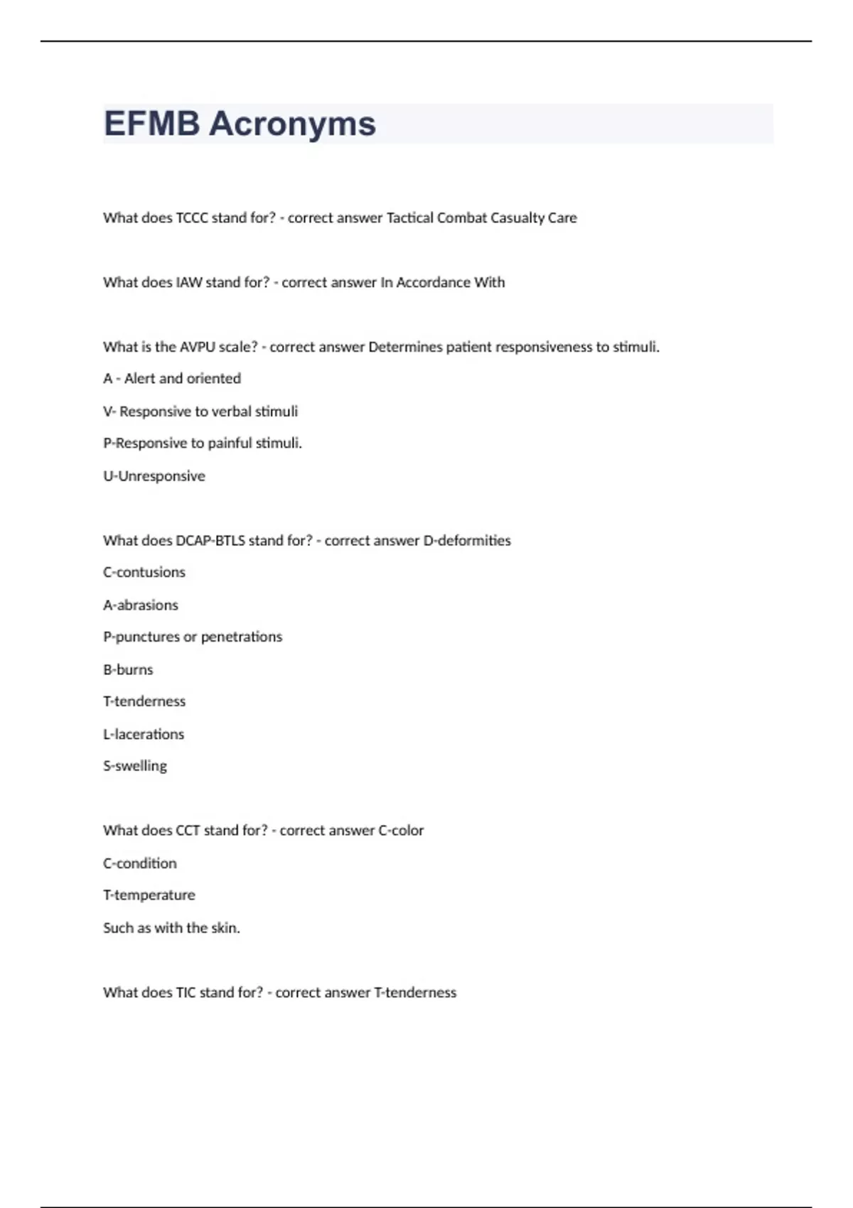 EFMB Acronyms questions with 100$% correct answers - EFMB - Stuvia US