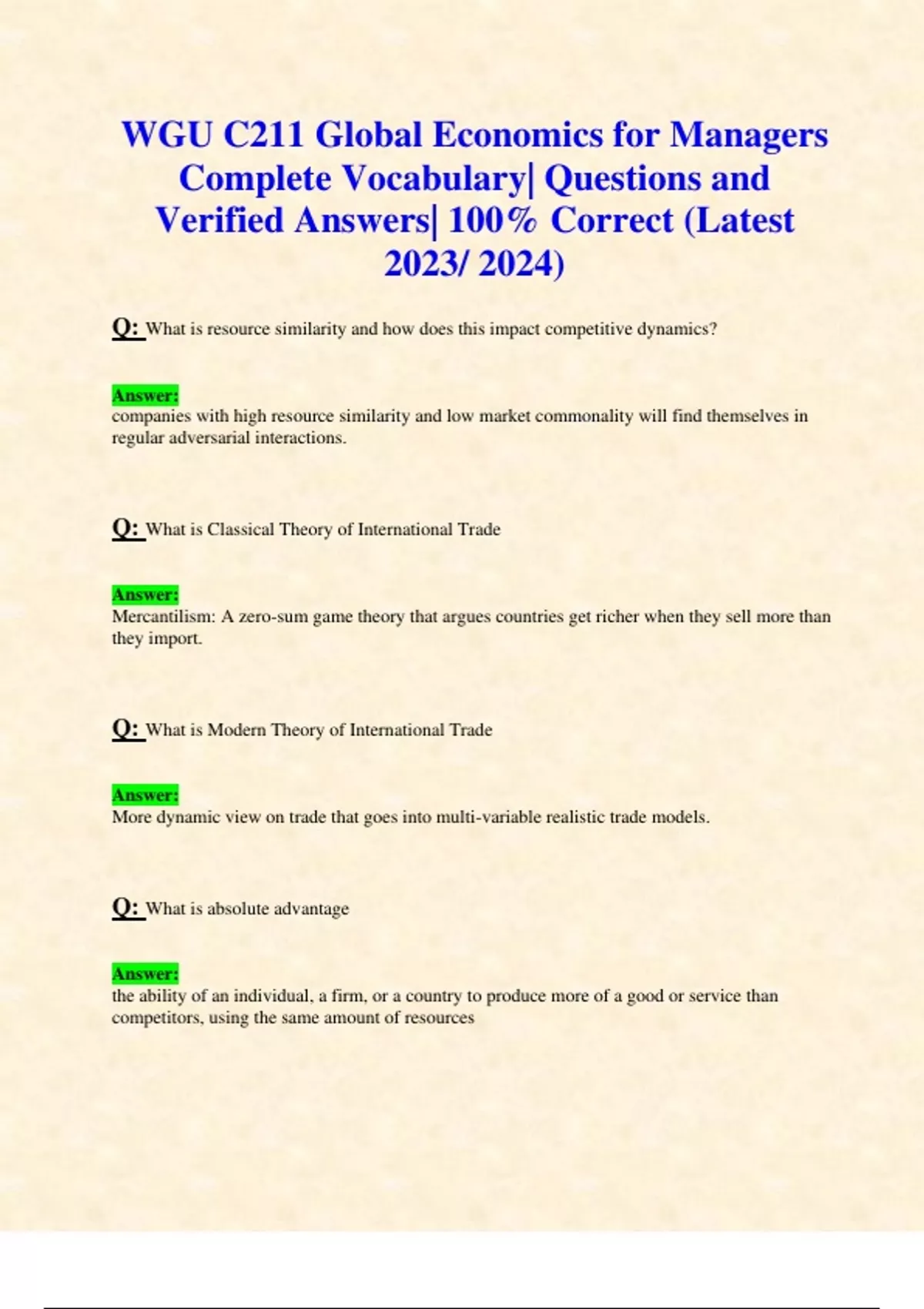 WGU C211 Global Economics for Managers Complete Vocabulary| Questions ...