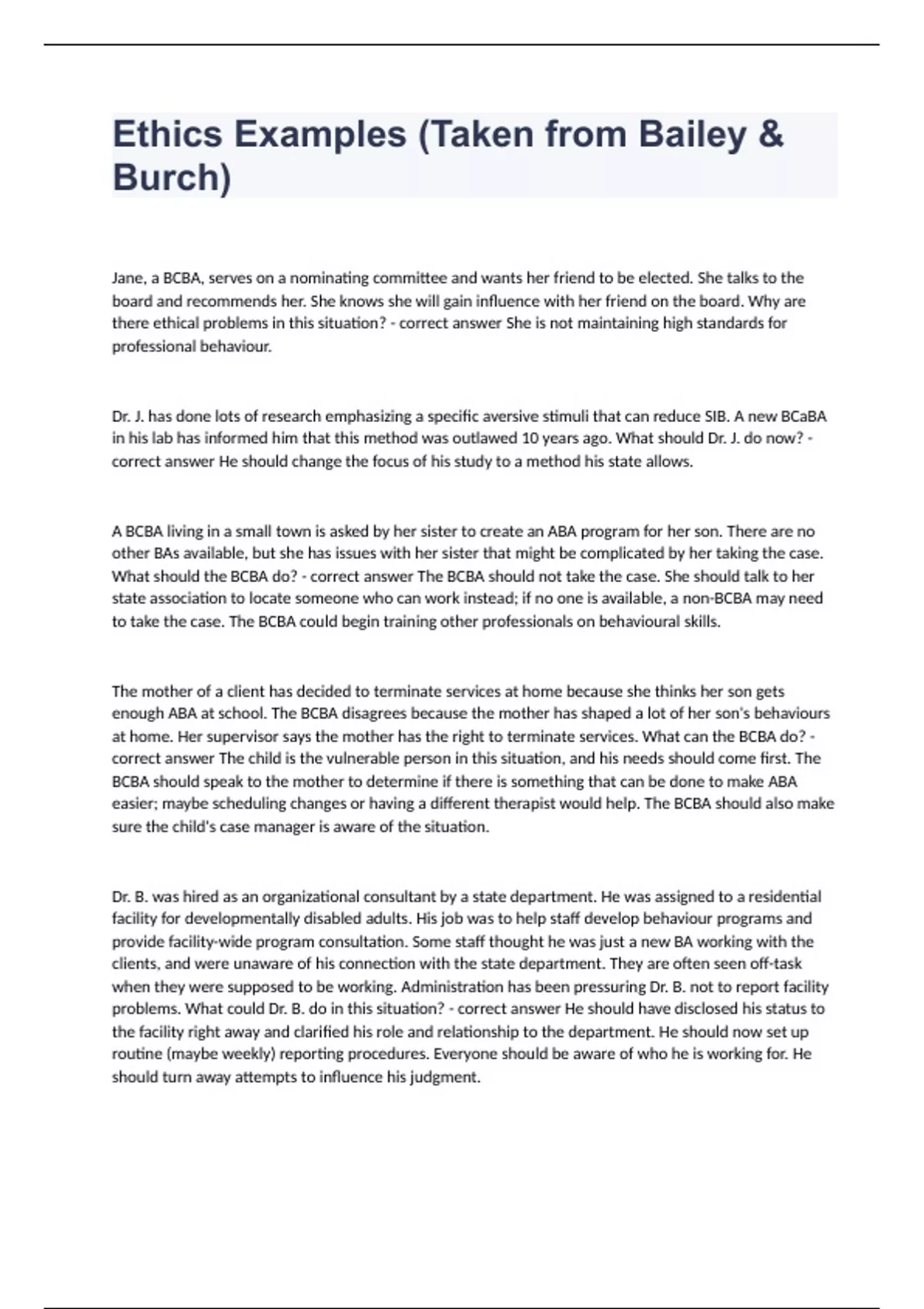 Ethics Examples (Taken from Bailey & Burch) fully solved 2023 /2024 passed - BACB - Stuvia US