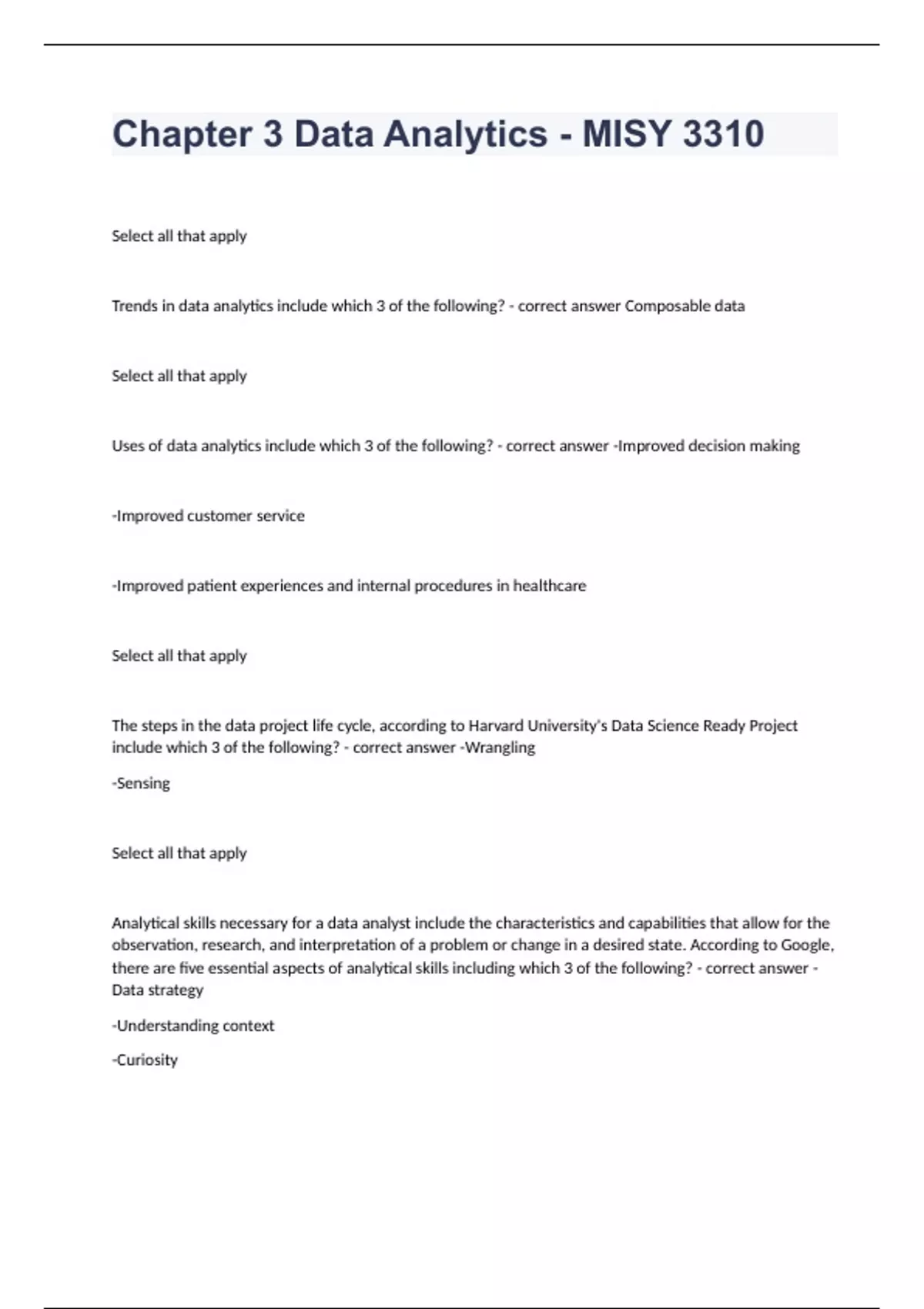 Chapter 3 Data Analytics - MISY 3310 fully solved graded A+ 2023/2024 - MISY - Stuvia US