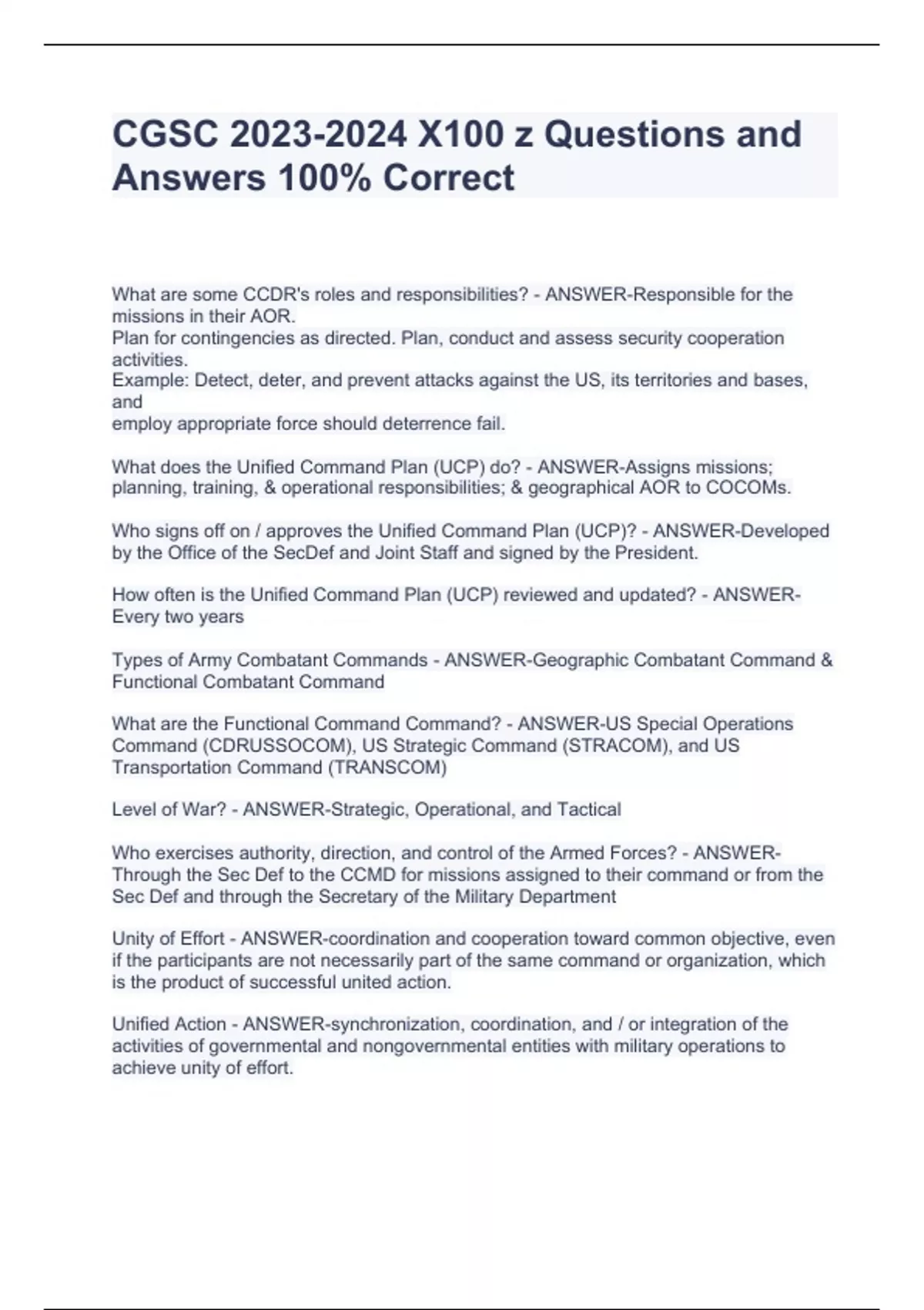 CGSC X100 z Questions and Answers 100% Correct - CGSC 2019 X100 - Stuvia US