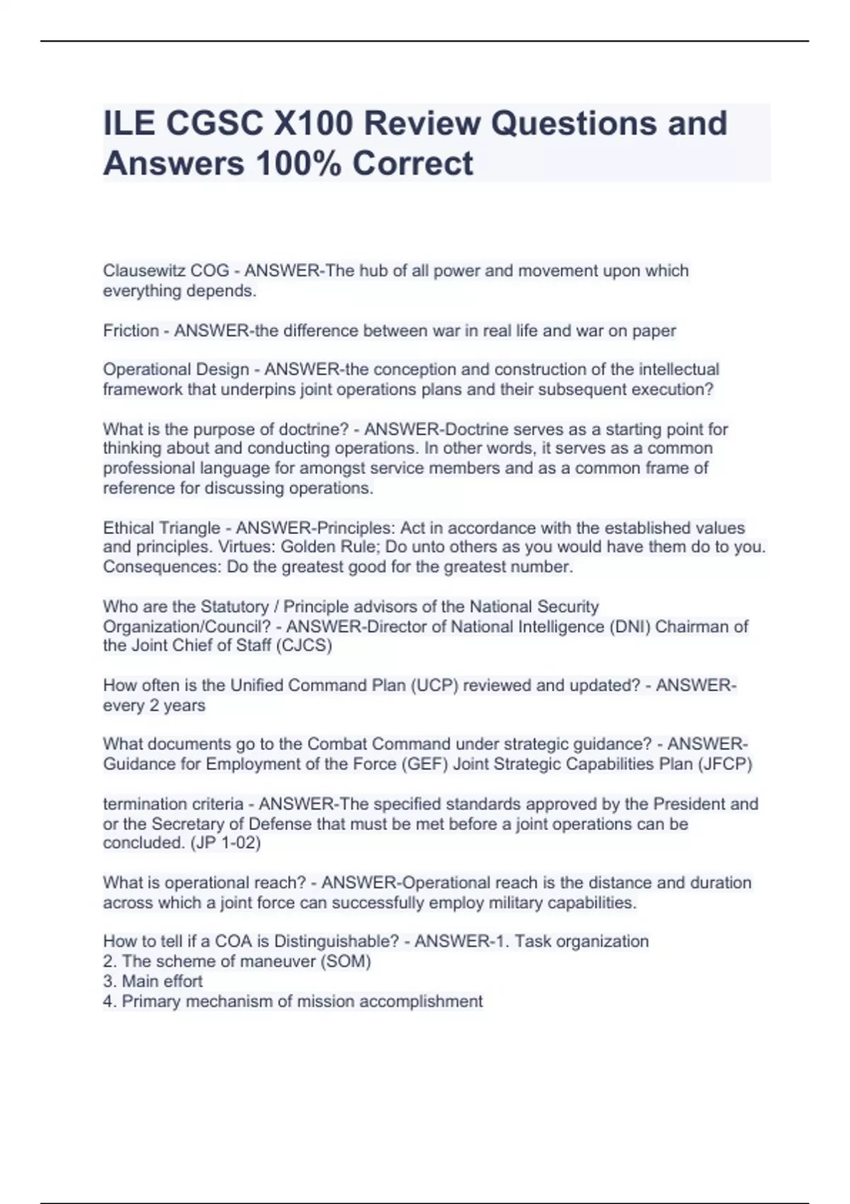 ILE CGSC X100 Review Questions and Answers 100% Correct - ILE CGSC X100 ...