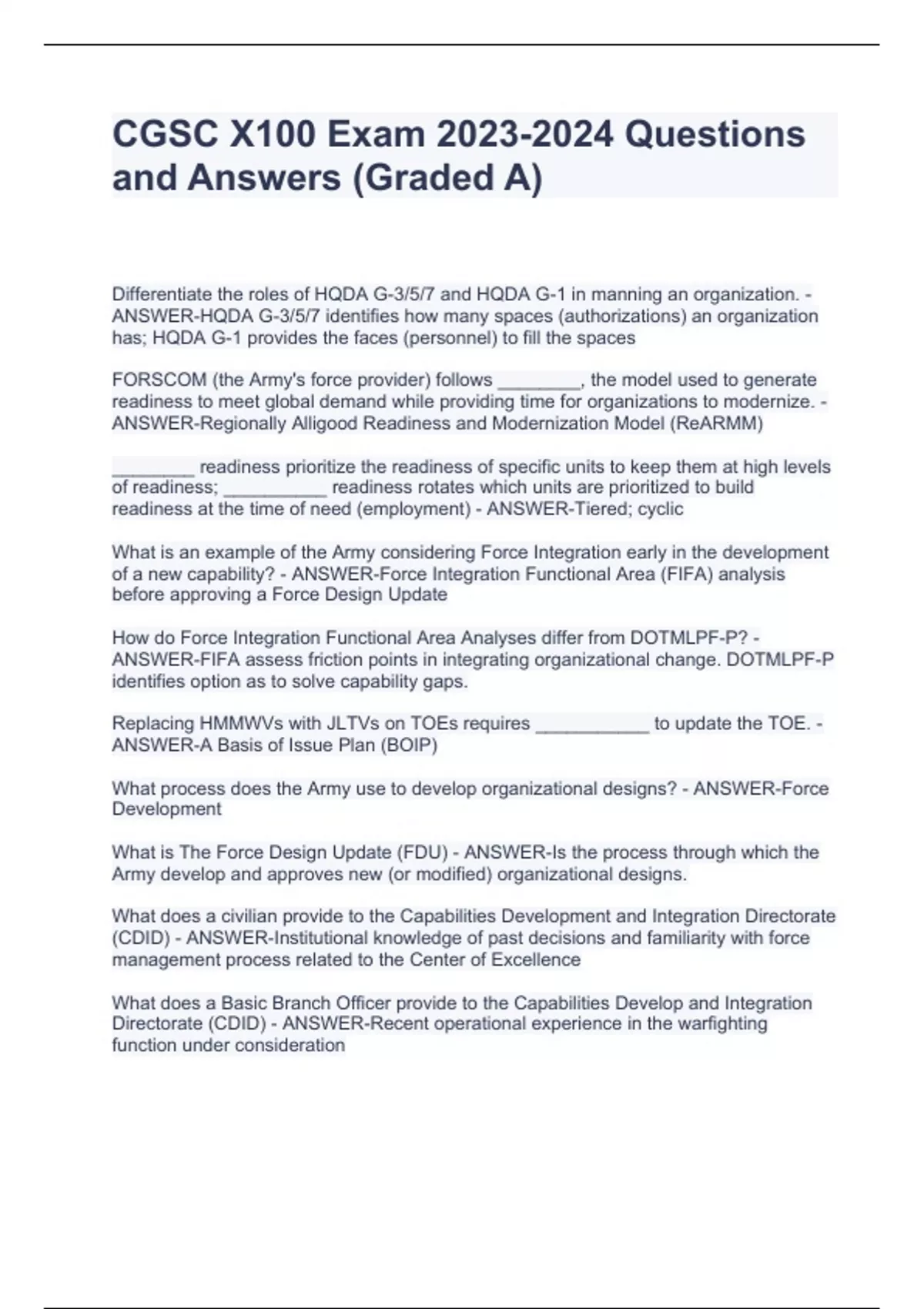 CGSC X100 Exam Questions and Answers (Graded A) - CGSC X100 - Stuvia US