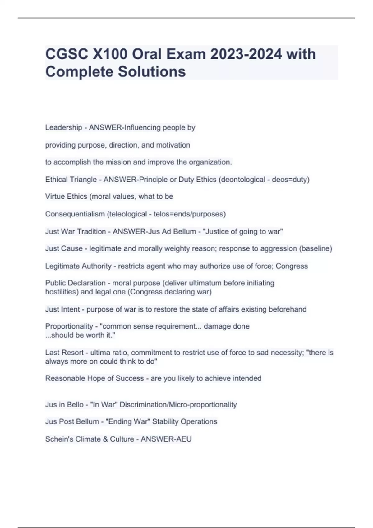 CGSC X100 Oral Exam with Complete Solutions - CGSC X100 - Stuvia US