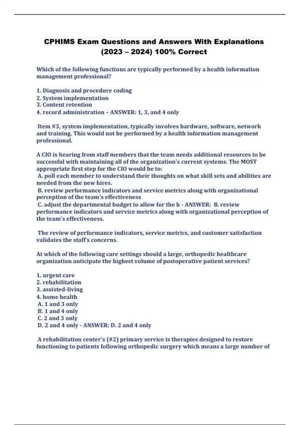 CPHIMS Exam Questions and Answers With Explanations (2023 – 2024) 100% ...