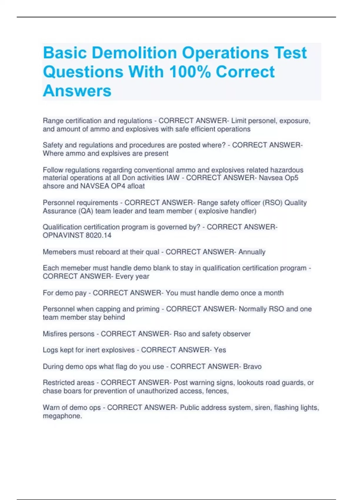 Basic Demolition Operations Test Questions With 100% Correct Answers ...