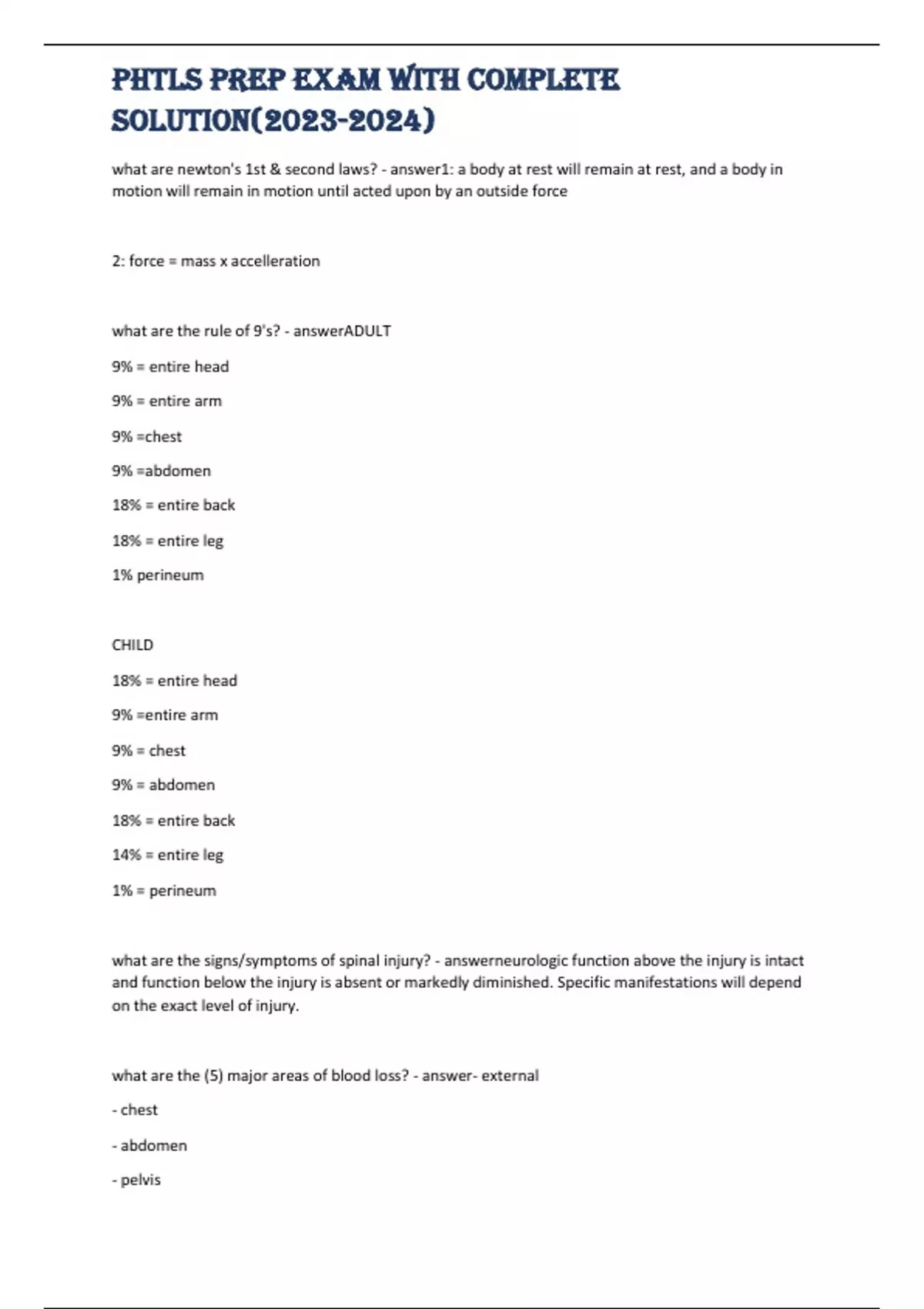 PHTLS Prep Exam with complete solution() - PHTLS - Stuvia US