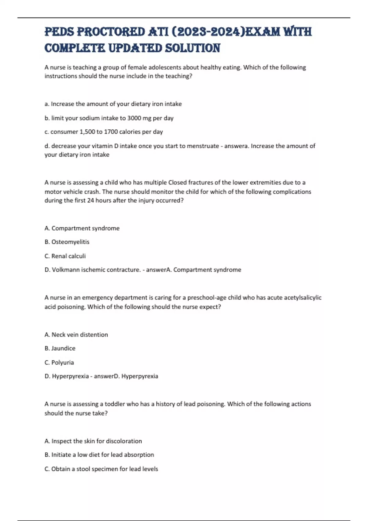 PEDS PROCTORED ATI ()Exam with complete updated solution - PEDS PROCTOR ...